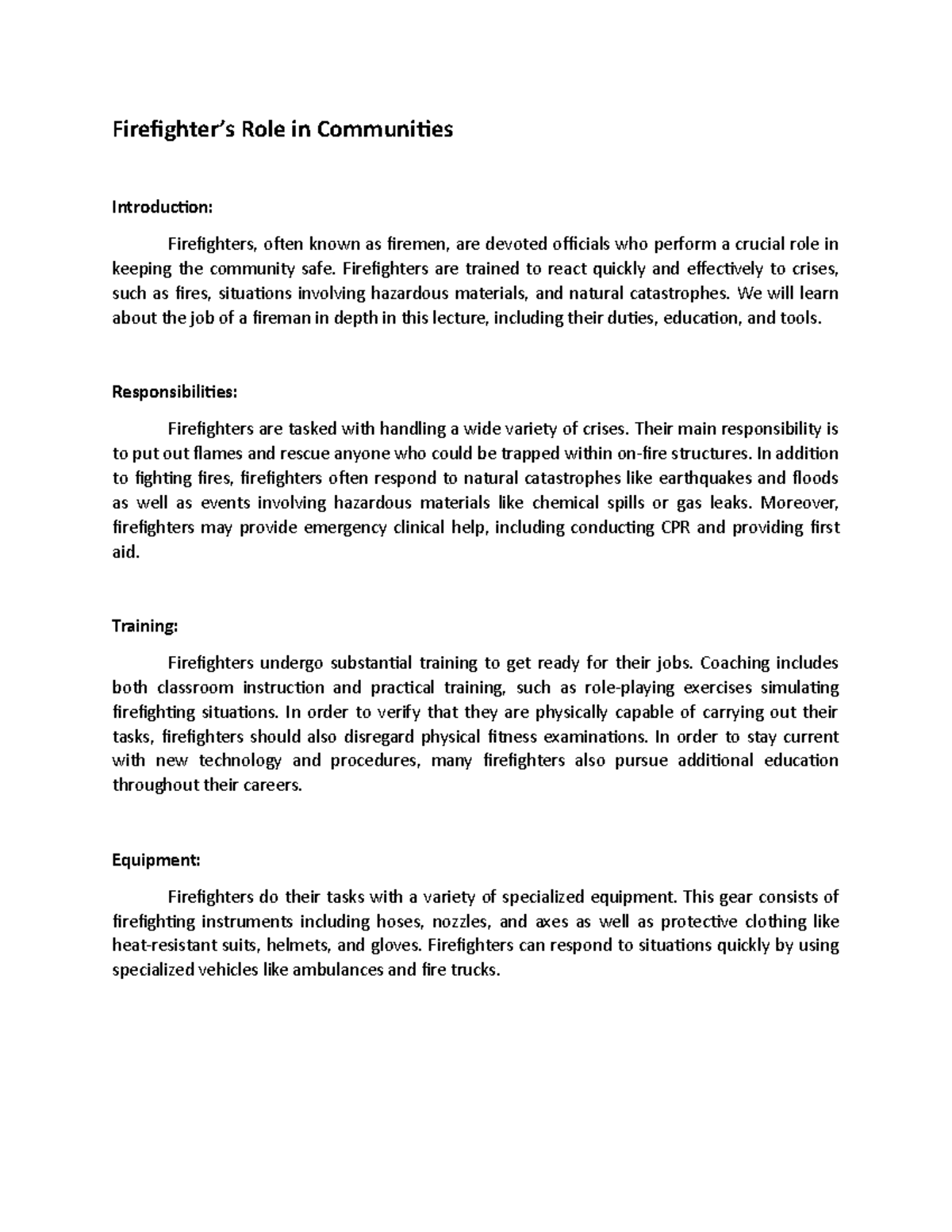 Lecture Notes - Firefighters - Firefighter’s Role in Communities ...