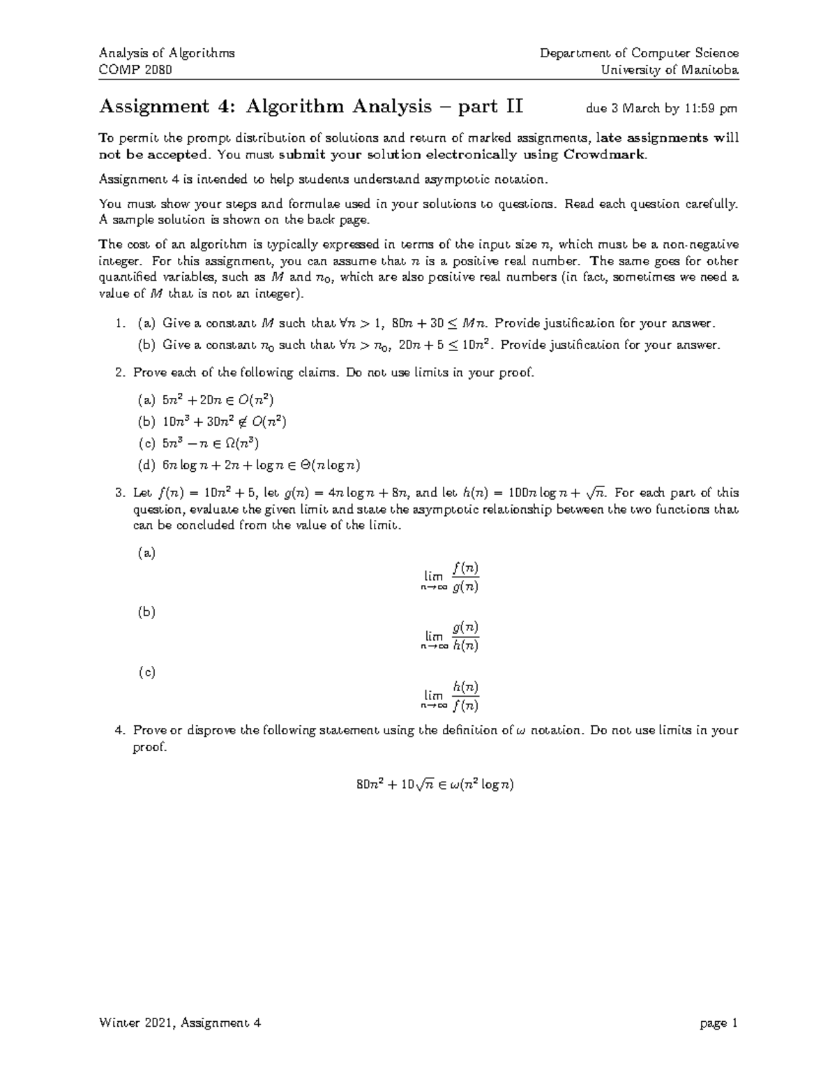 A4 - assignment - Analysis of Algorithms COMP 2080 Department of Computer Science University of ...