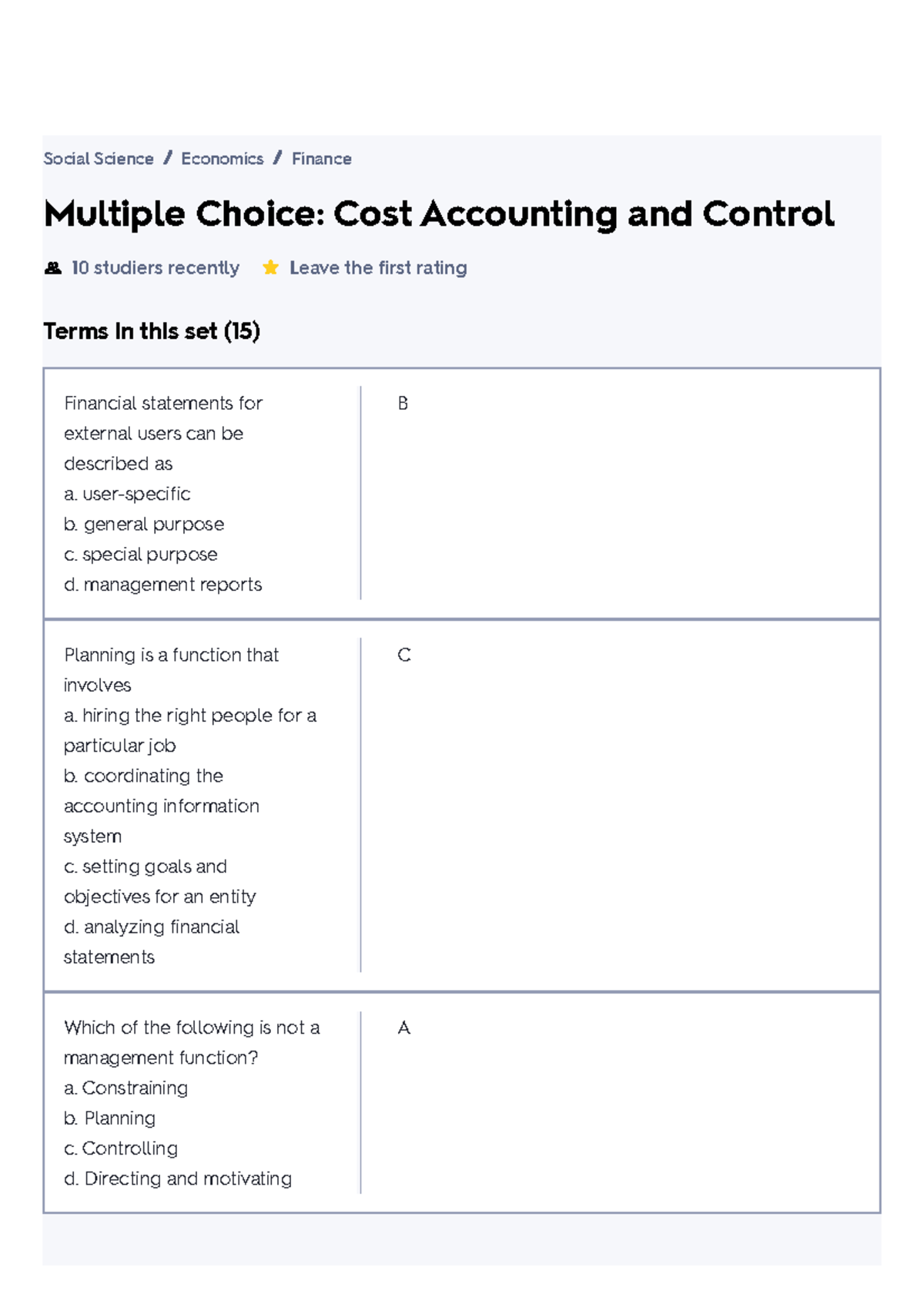 Multiple Choice Cost Accounting and Control Flashcard - Multiple Choice ...