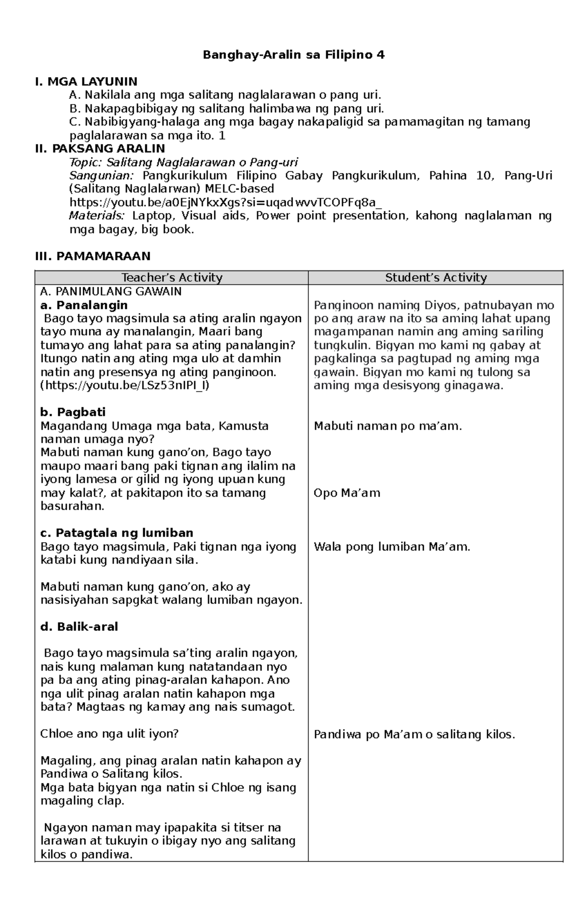 DEMO PANG URI - Banghay-Aralin sa Filipino 4 I. MGA LAYUNIN A. Nakilala ...