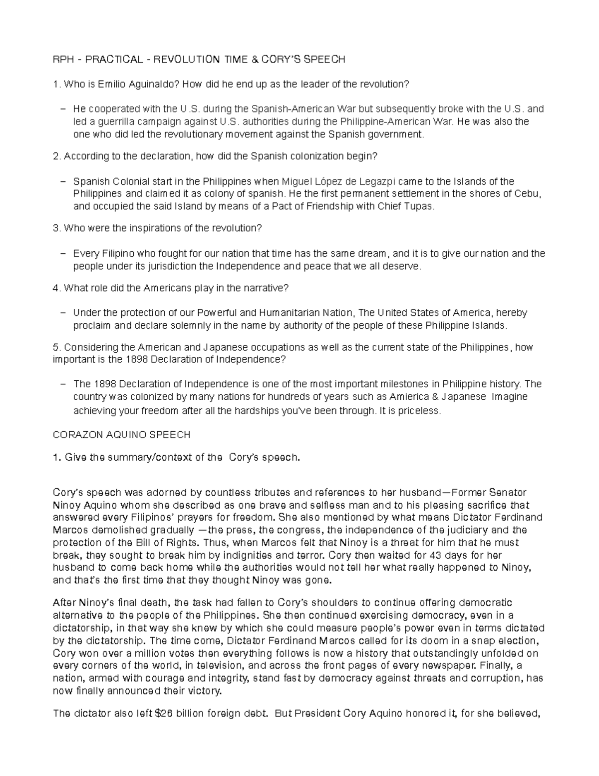 RPH - Practical - Revolution TIME & CORY’S Speech - Readings in Philippine History - Studocu