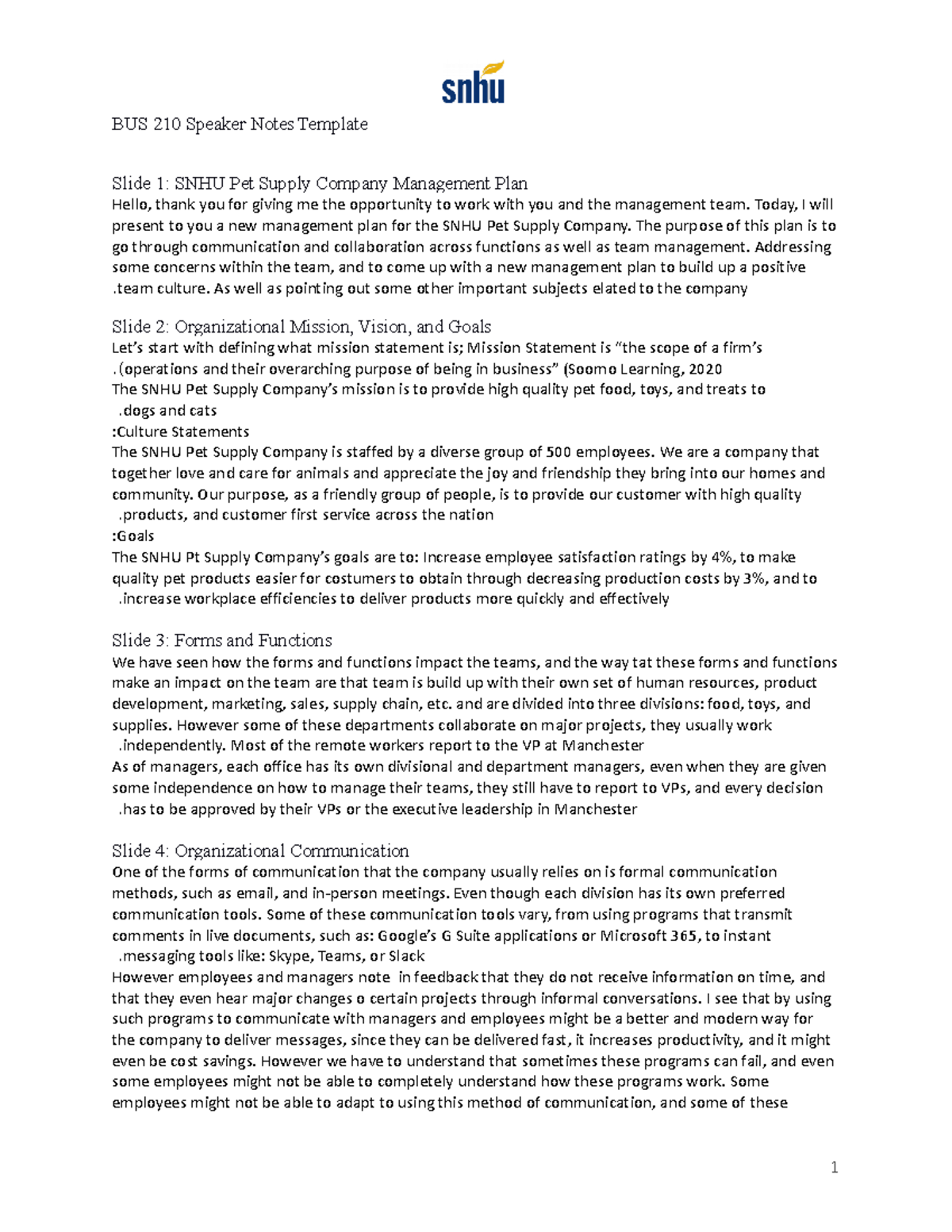 BUS 210 Speaker Notes - BUS 210 Speaker Notes Template Slide 1: SNHU ...