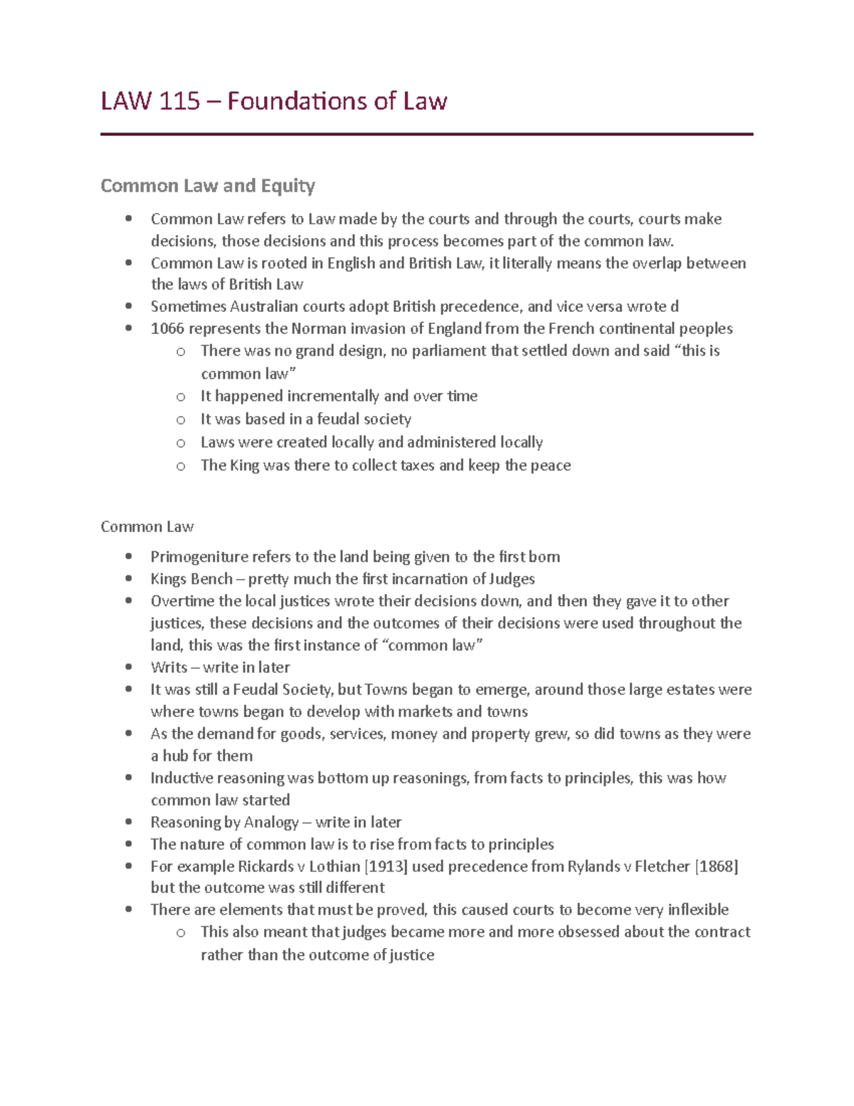 Law 115 Notes - LAW 115 – Foundations of Law Common Law and Equity ...