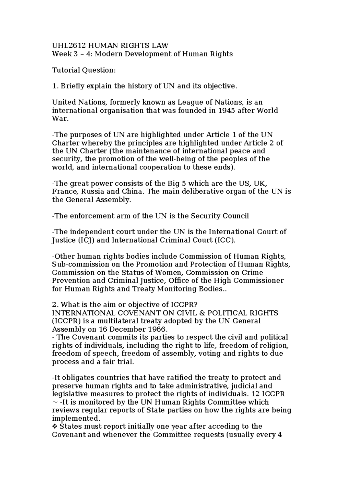 Human Right Law Tutorial 2 Explain History of UN - UHL2612 HUMAN RIGHTS ...