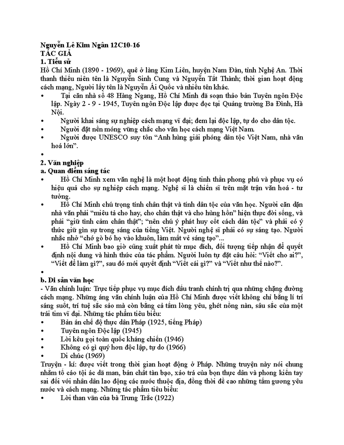 Tác giả Hồ Chí Minh NLKN 12C10 - Nguyễn Lê Kim Ngân 12C10- TÁC GIẢ 1 ...