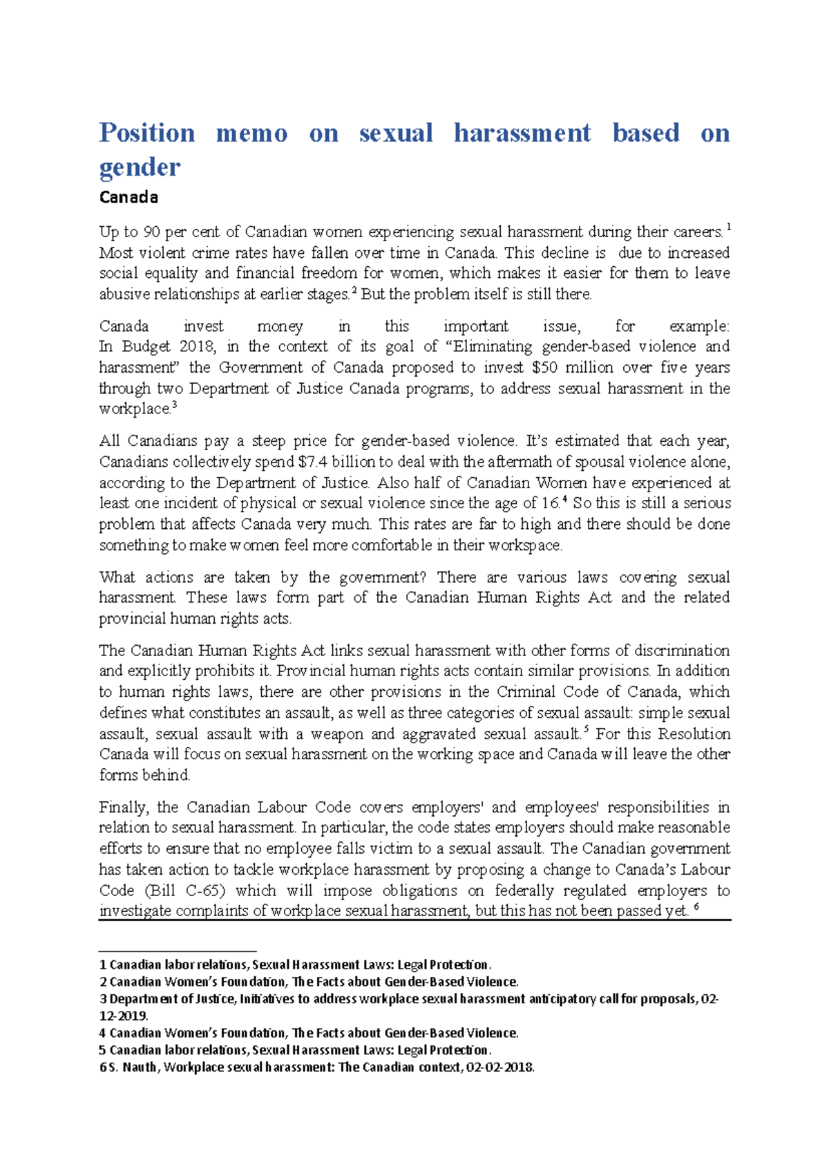 Various Branches position memo - Position memo on sexual harassment ...