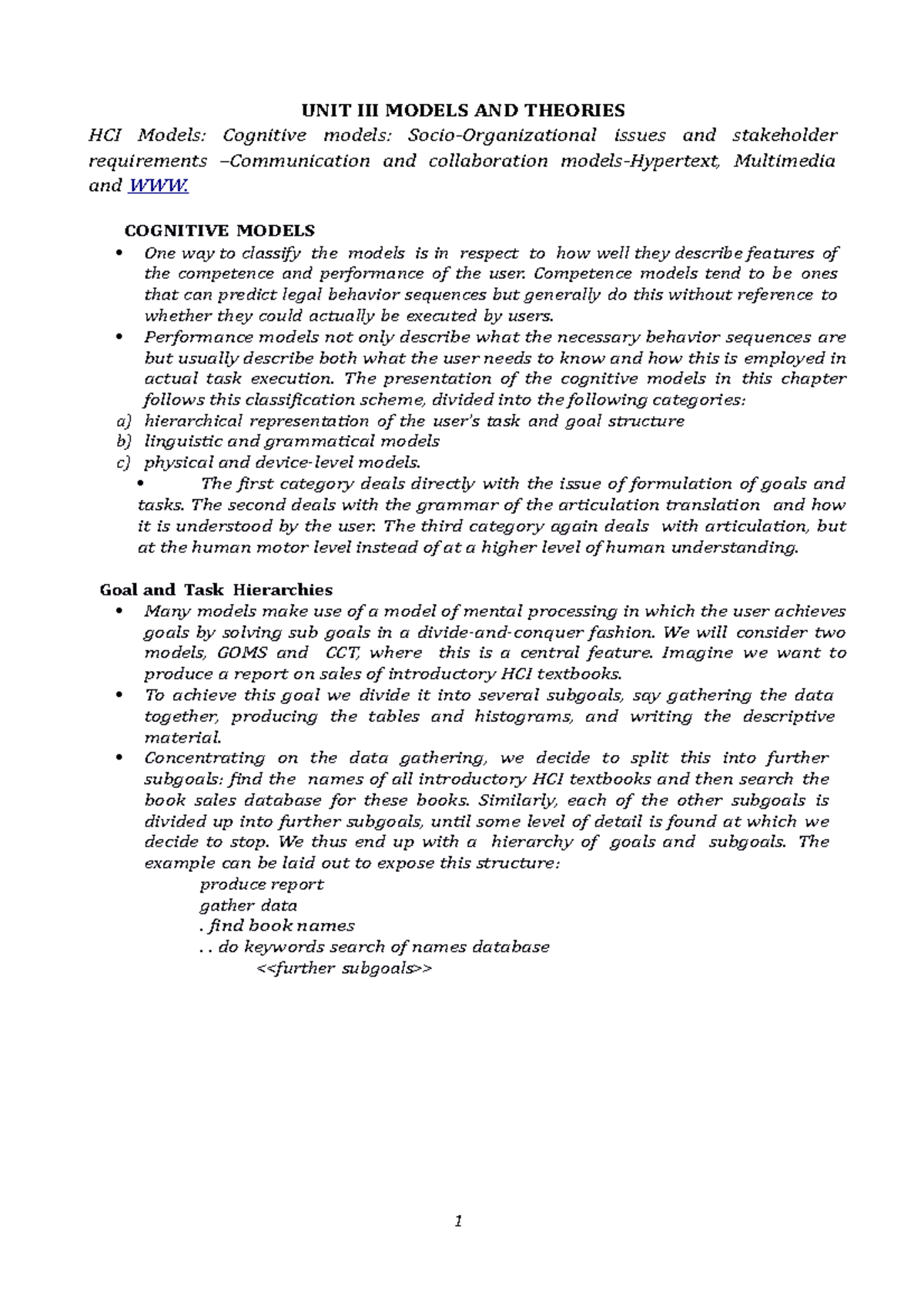 UNIT III Models AND Theories - UNIT III MODELS AND THEORIES HCI Models: Cognitive models: - Studocu