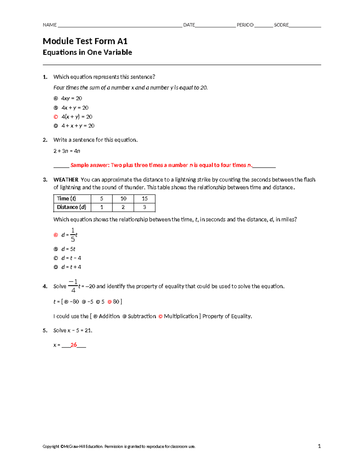 A1M02+Form+A1+TE - Module Test Form A Equations in One Variable 1 ...