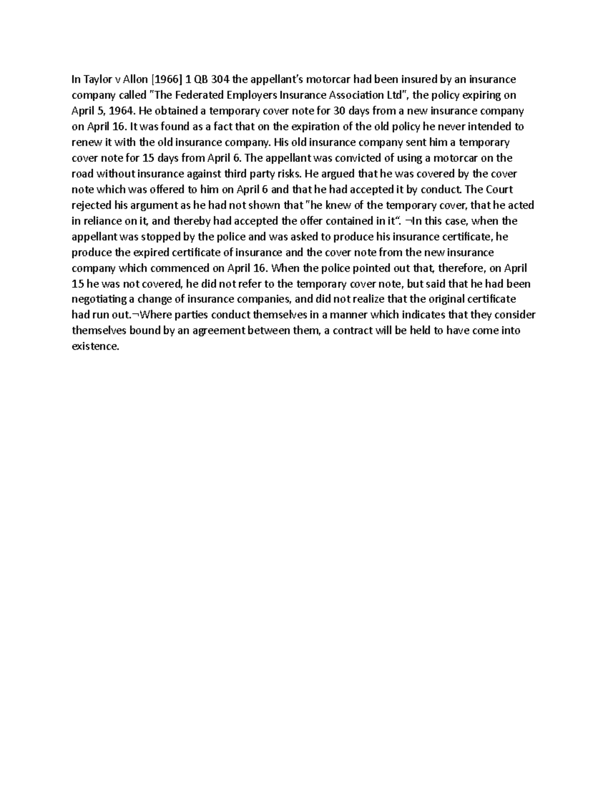 Taylor v Allon - Insurance law cases to help with better understanding ...