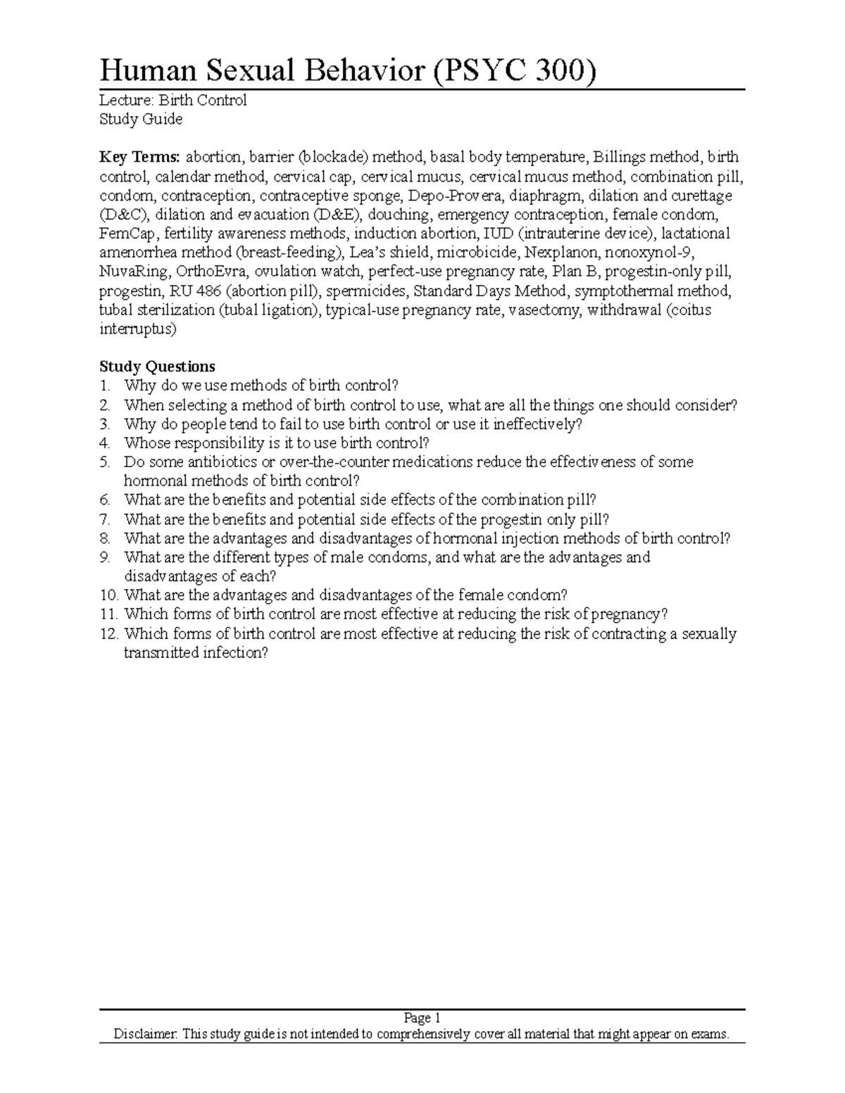 Study Guide (Birth Control) - Human Sexual Behavior (PSYC 300) Lecture ...