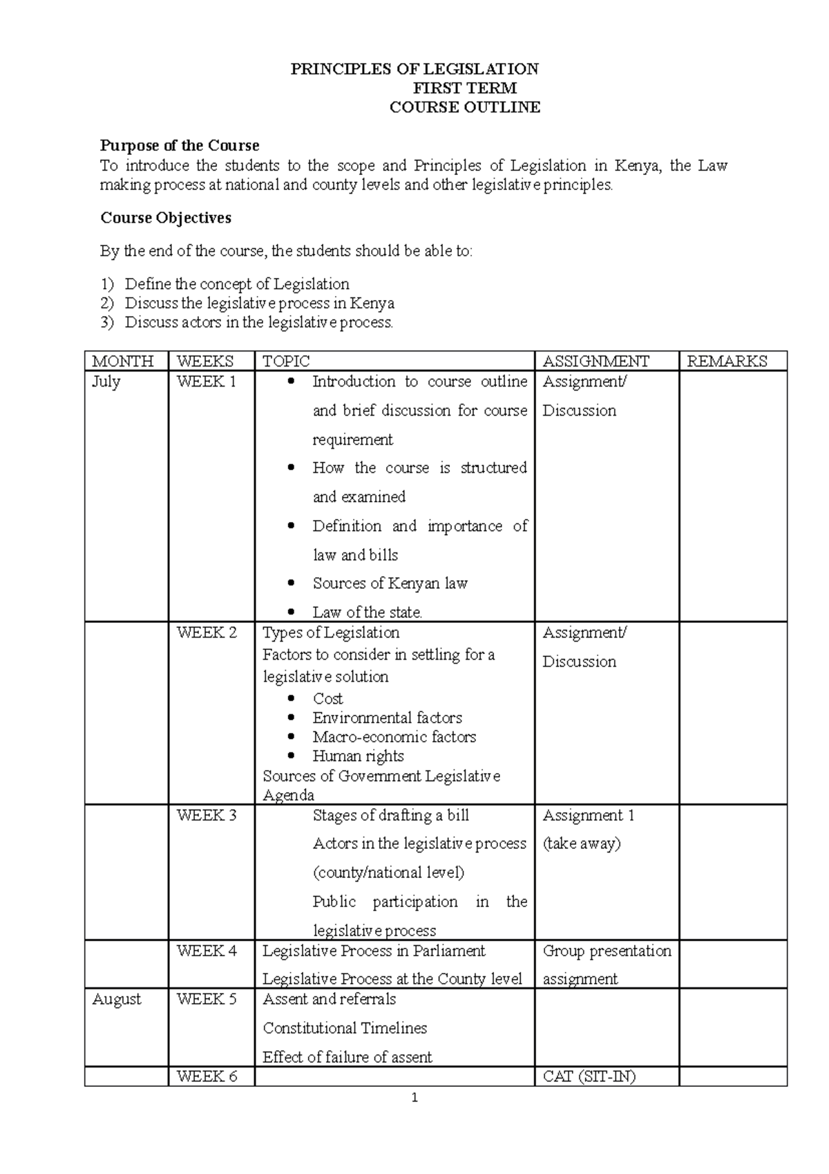 Principles OF Legislation - Course Objectives By the end of the course ...