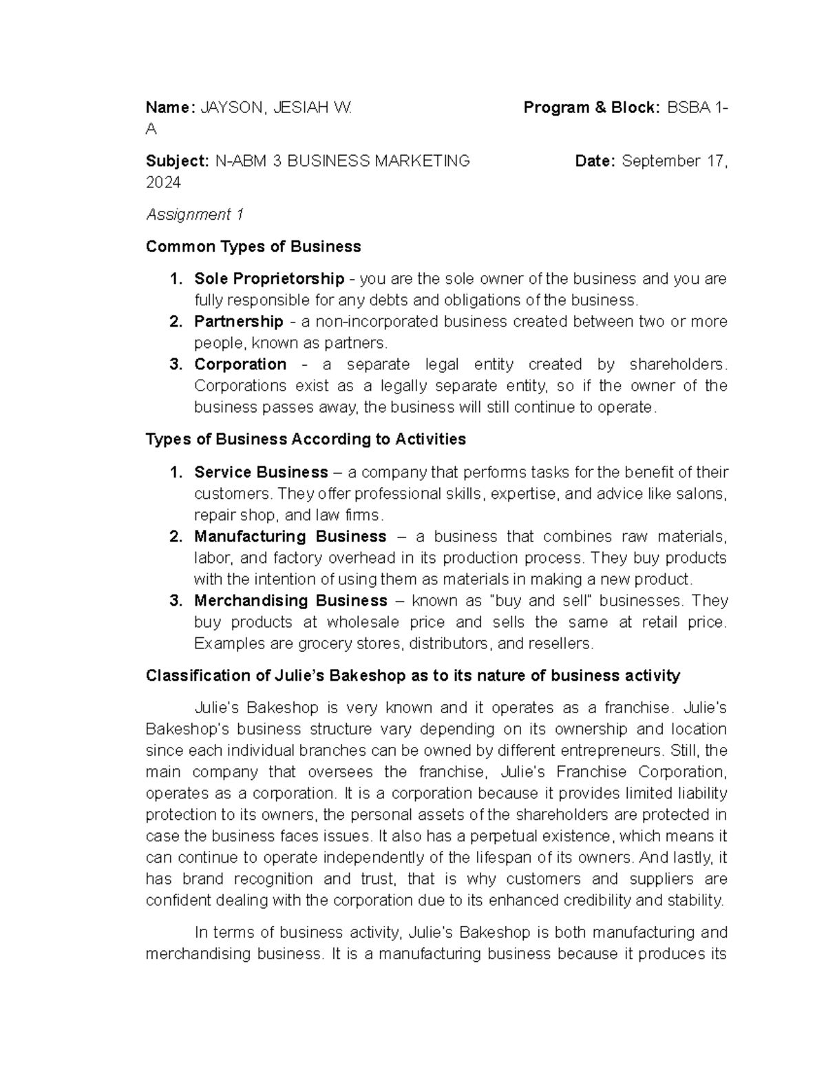 Jesiah Jayson - ....... - Name: JAYSON, JESIAH W. Program & Block: BSBA ...