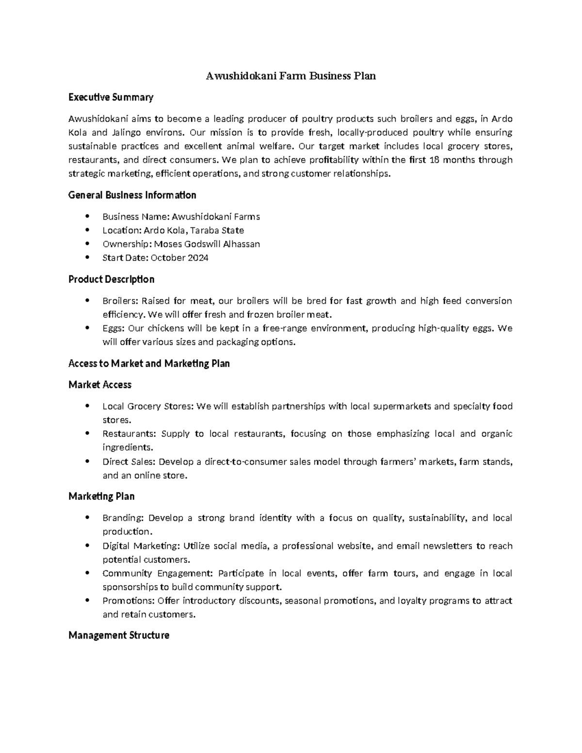 Business Plan - Gggghhhhh - Awushidokani Farm Business Plan Executive ...