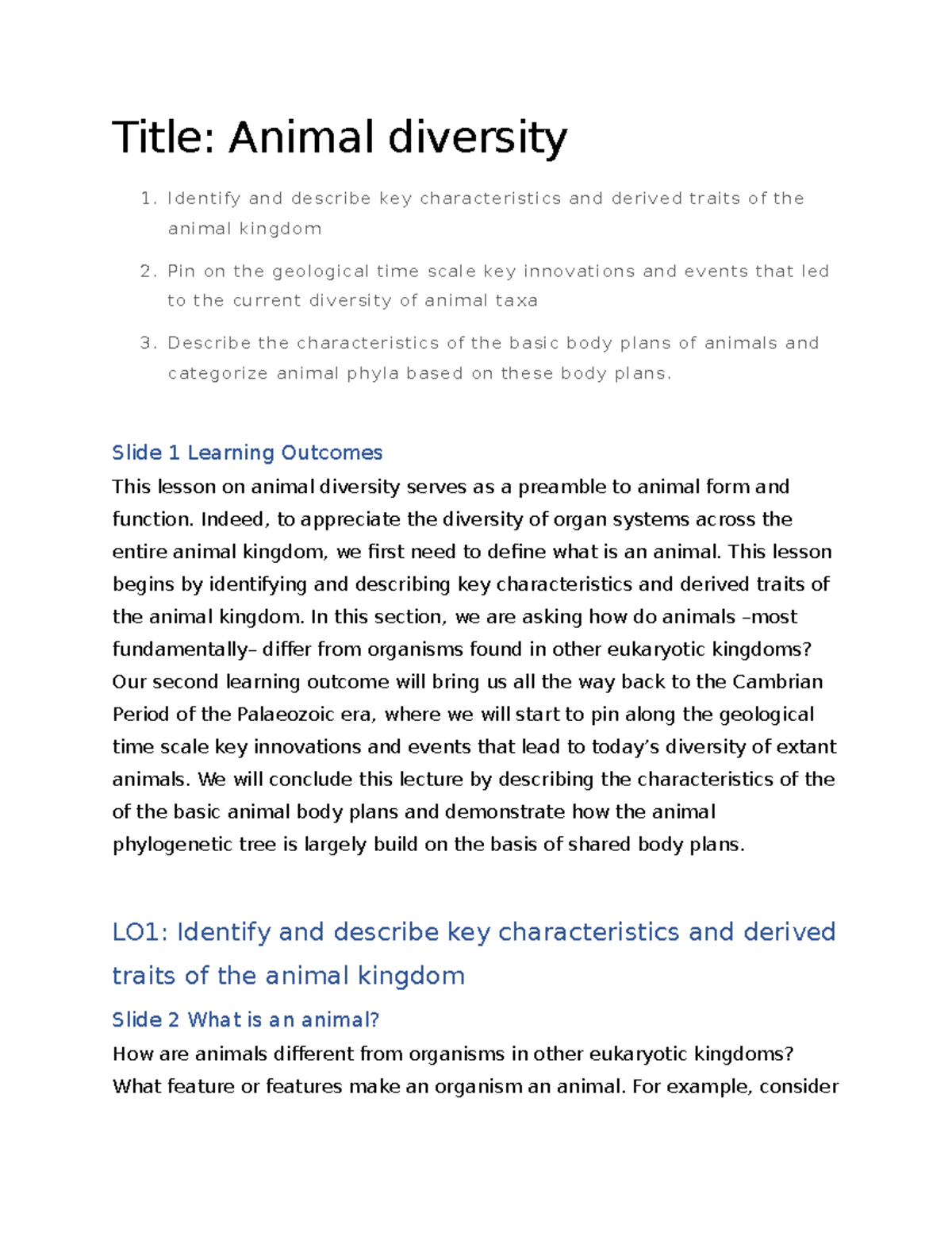 BIOL 225 Transcript AFF1 Animal Diversity - Title: Animal diversity ...