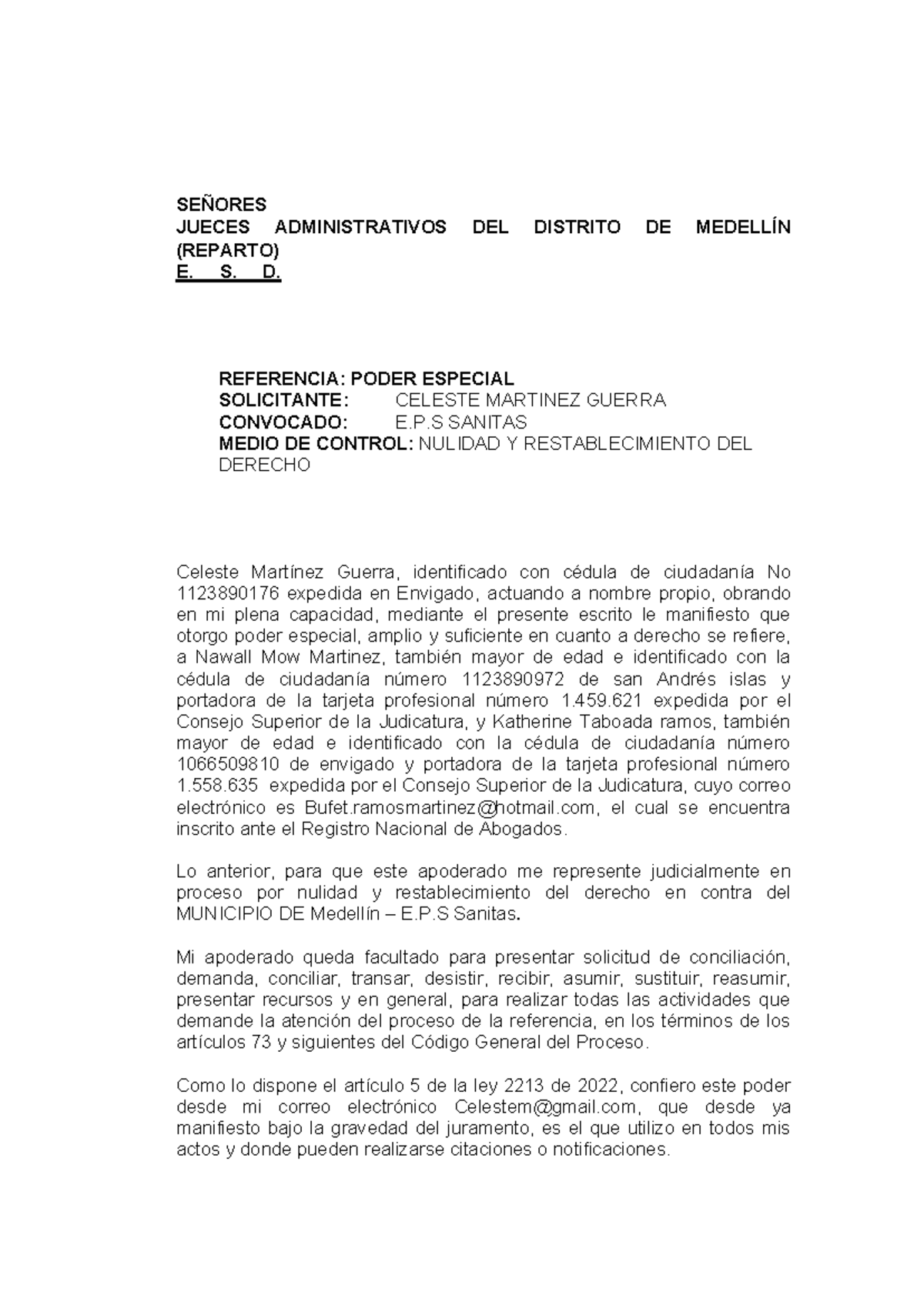 Minuta Poder LEY 2213 DE 2022 - SEÑORES JUECES ADMINISTRATIVOS DEL DISTRITO DE MEDELLÍN (REPARTO ...