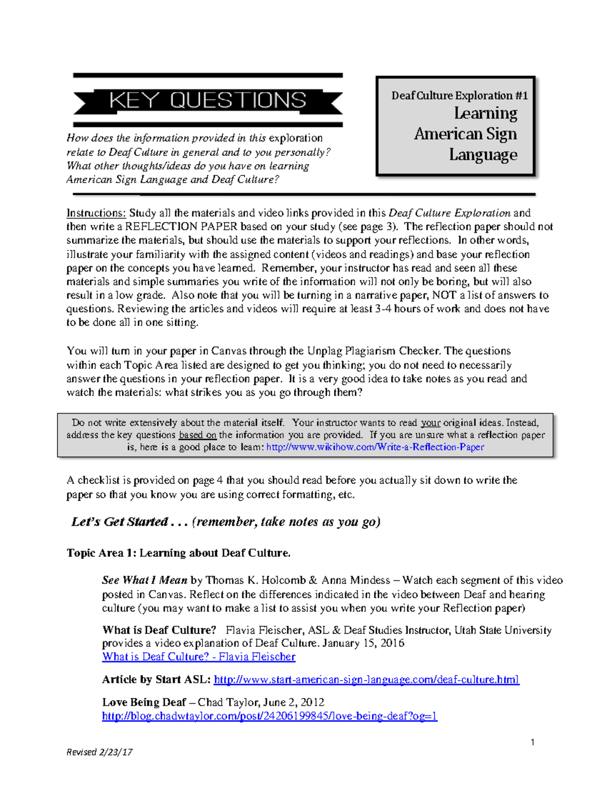 ASL 111 Deaf Culture Exploration Reflection Paper Instructions - Rev 2 ...