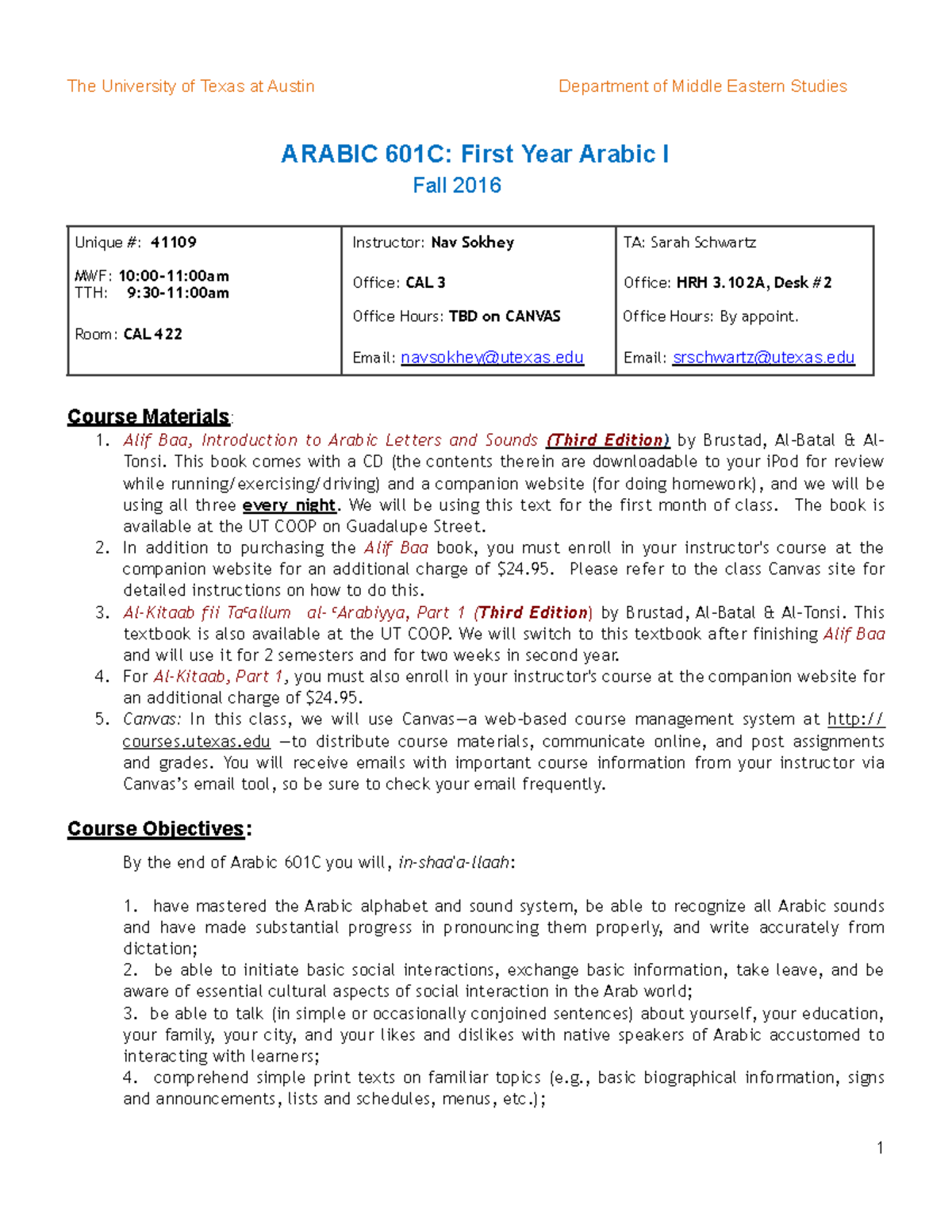 Arabic 1 Fall 2016 Syllabus - Updated - The University of Texas at ...