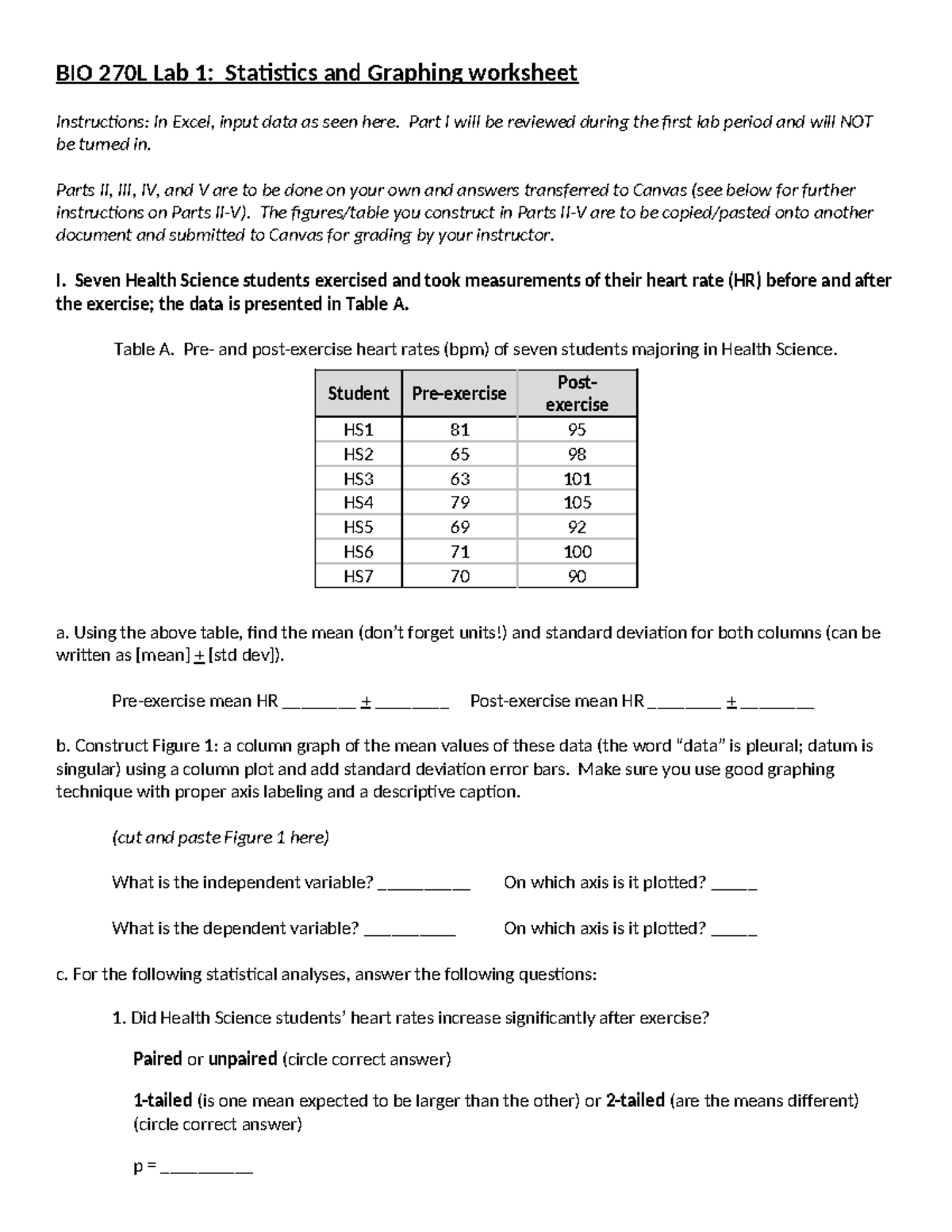 Lab 1 Statistics and Graphing worksheet - BIO 270L Lab 1: Statistics ...