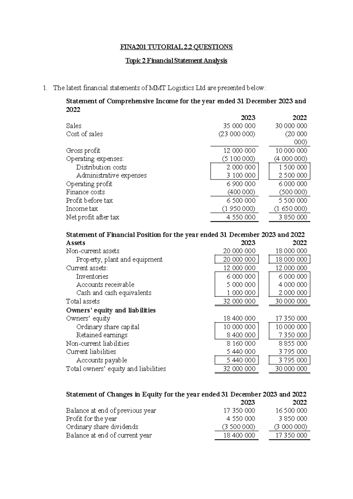 drgrdggfgdfgdf dfbdfbd - FINA201 TUTORIAL 2 QUESTIONS Topic 2 Financial ...