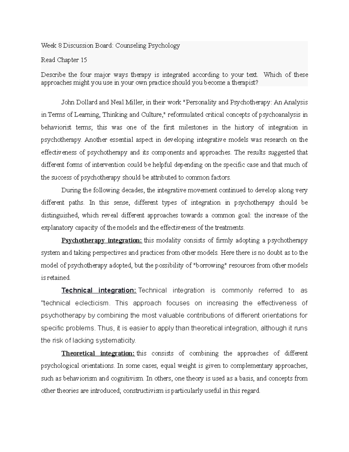 Week 8 Discussion - Week 8 Discussion Board: Counseling Psychology Read ...