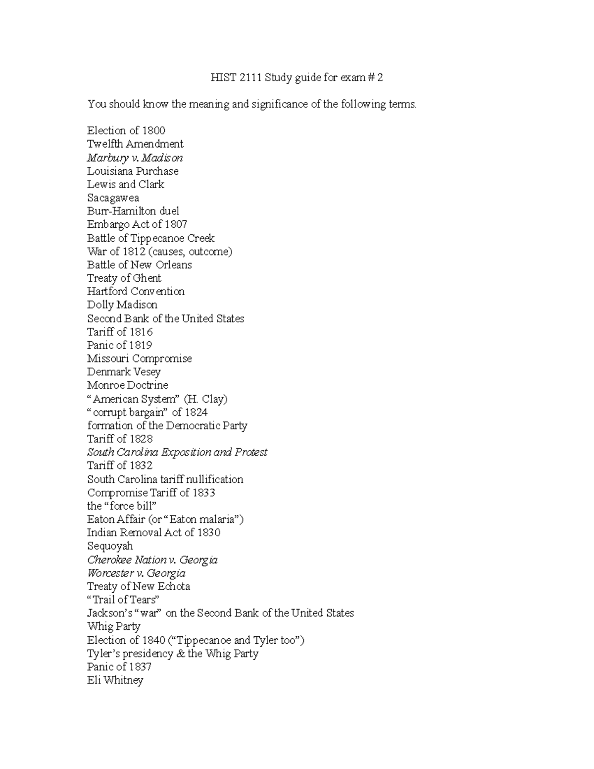 HIST 2111 Fall 22 study guide 2 - HIST 2111 Study guide for exam # 2 ...