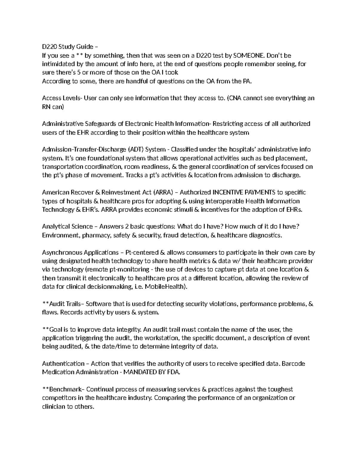 D220 Study Guide - Don’t be intimidated by the amount of info here, at ...