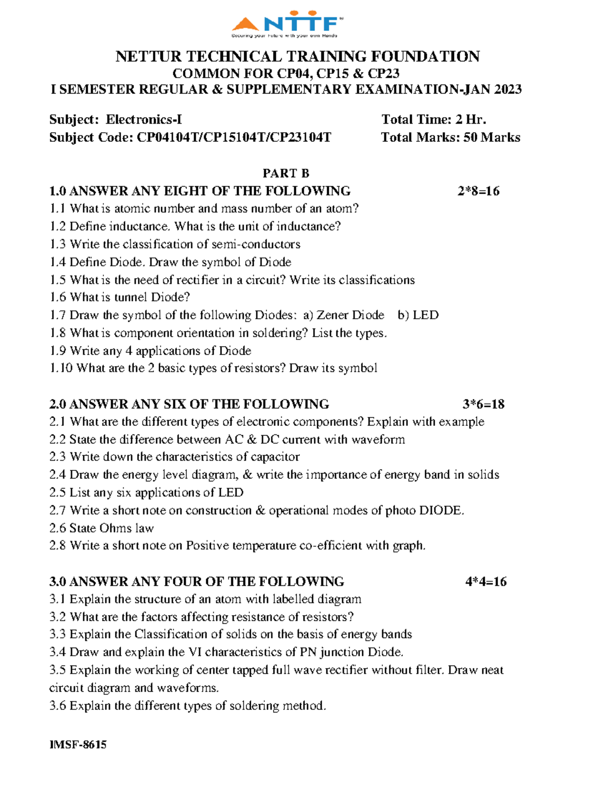CP04CP15 CP23 I SEM Electronics I QP 1 - IMSF- NETTUR TECHNICAL ...