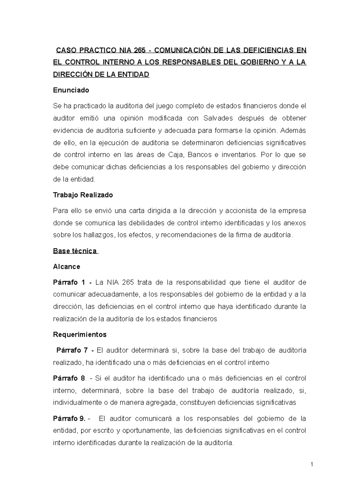 NIA 265 - Caso Practico - CASO PRACTICO NIA 265 - COMUNICACIÓN DE LAS ...
