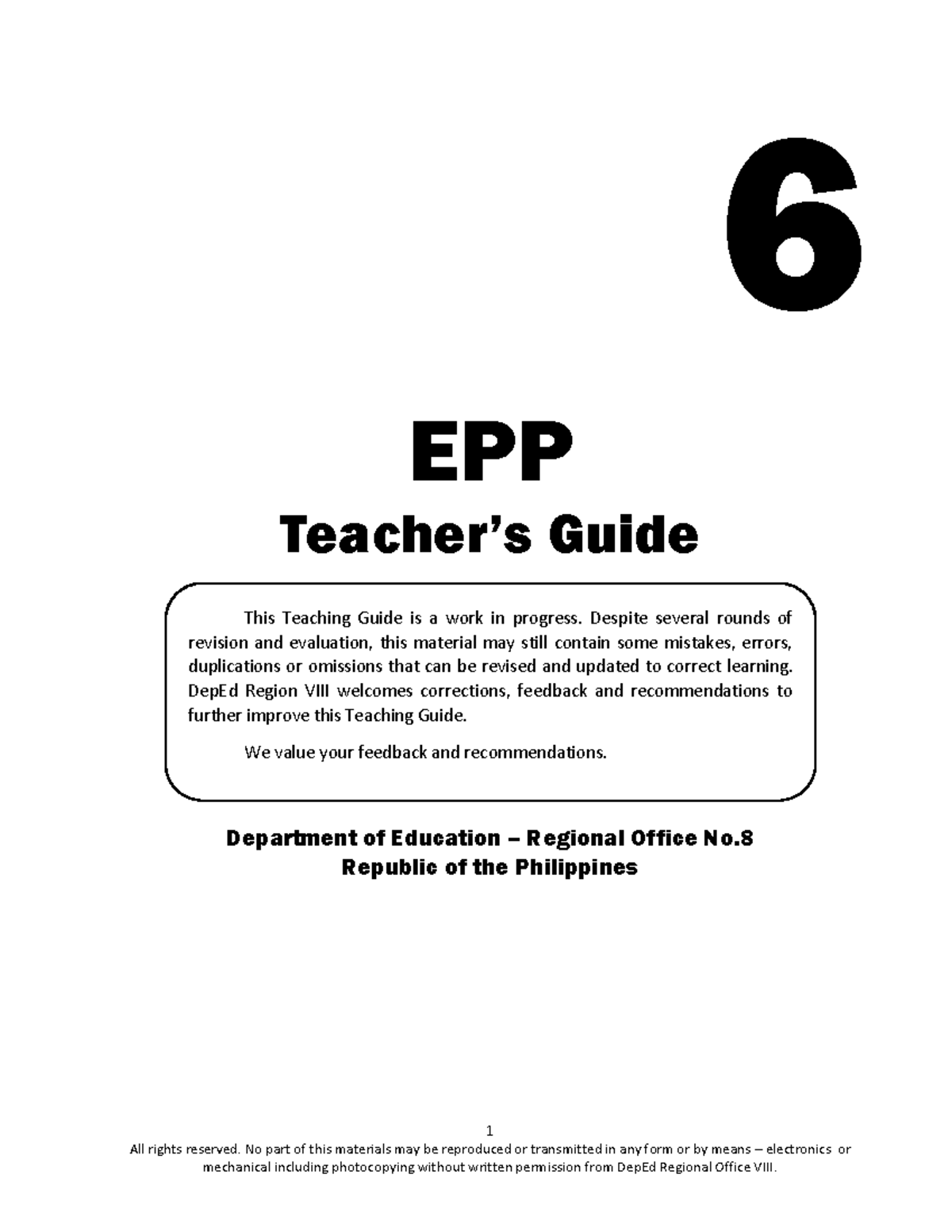 TG EPP 6 Q1 - Teachers Guide - 1 All rights reserved. No part of this ...