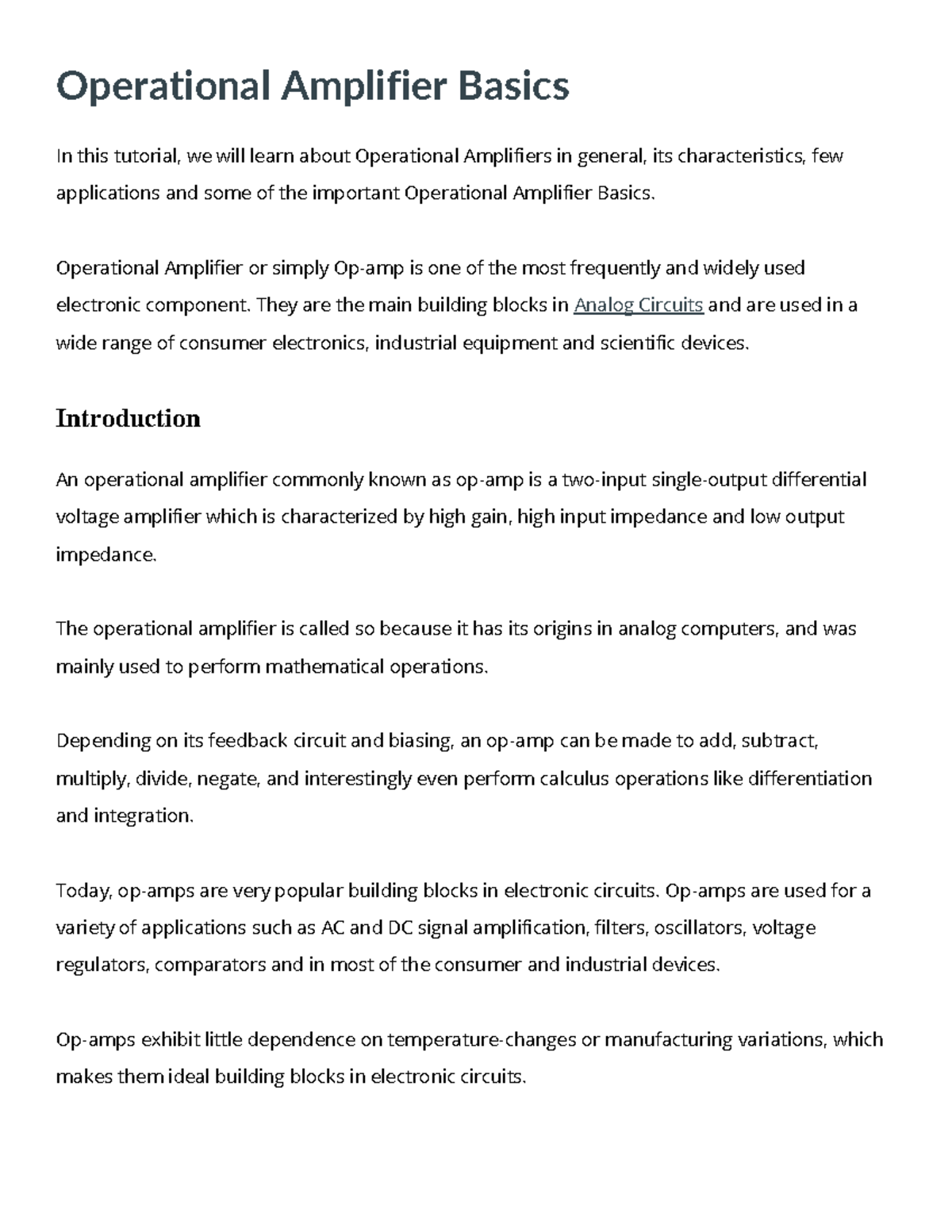 Operational Amplifier Basics - Operational Amplifier or simply Op-amp is one of the most ...