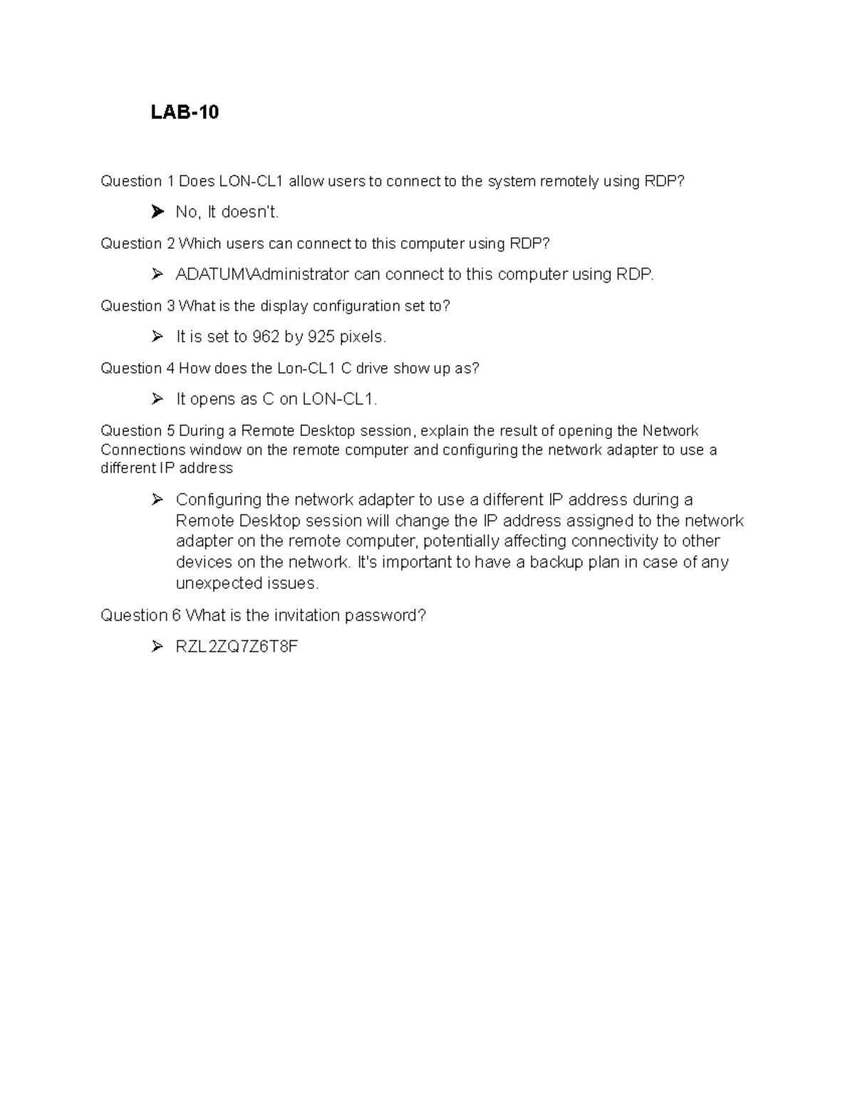 CNET102 Lab10 Timila - hj,f - LAB- Question 1 Does LON-CL1 allow users to connect to the system ...
