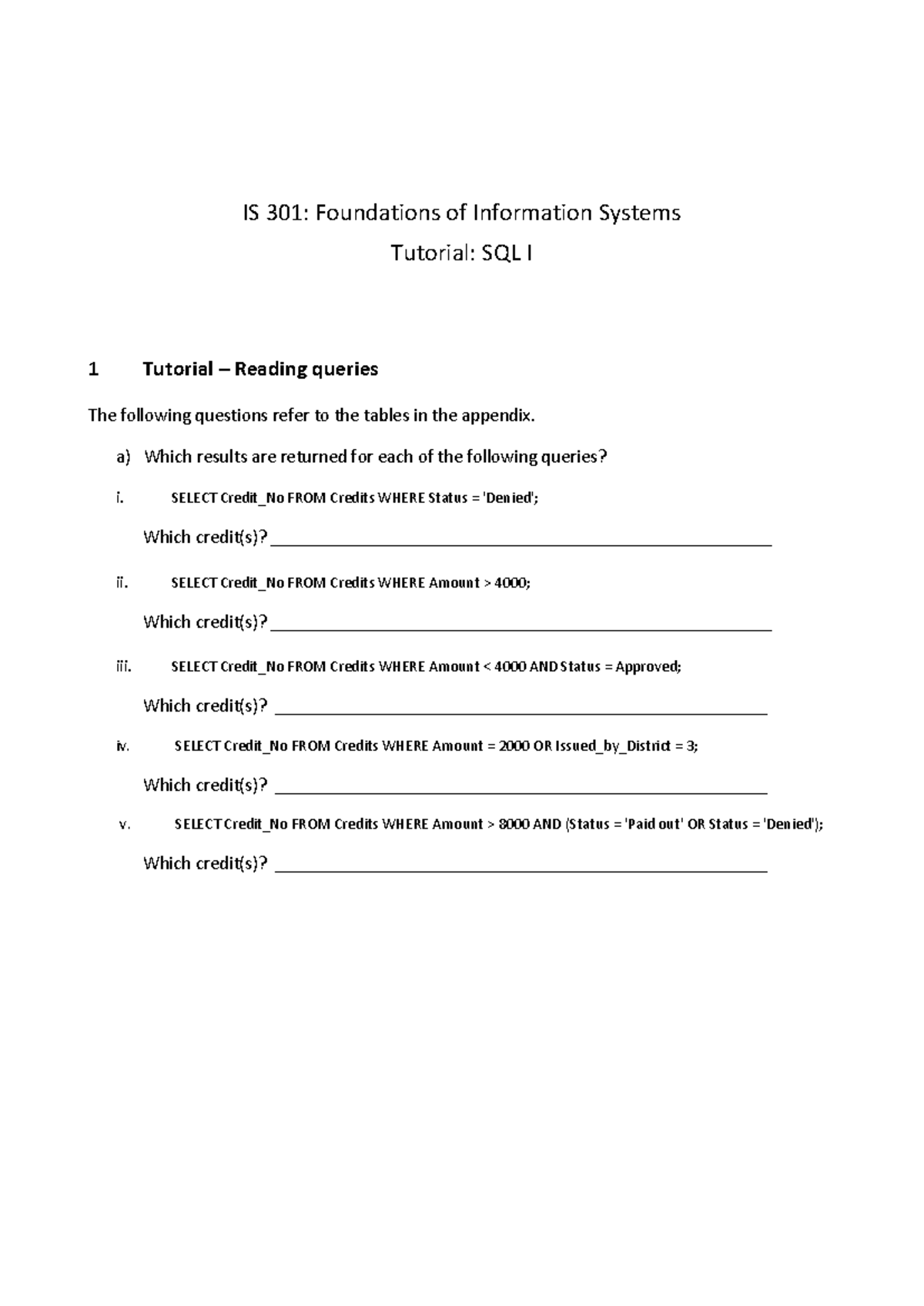 IS 301 Tutorial Sheet 1 - IS 301: Foundations of Information Systems ...