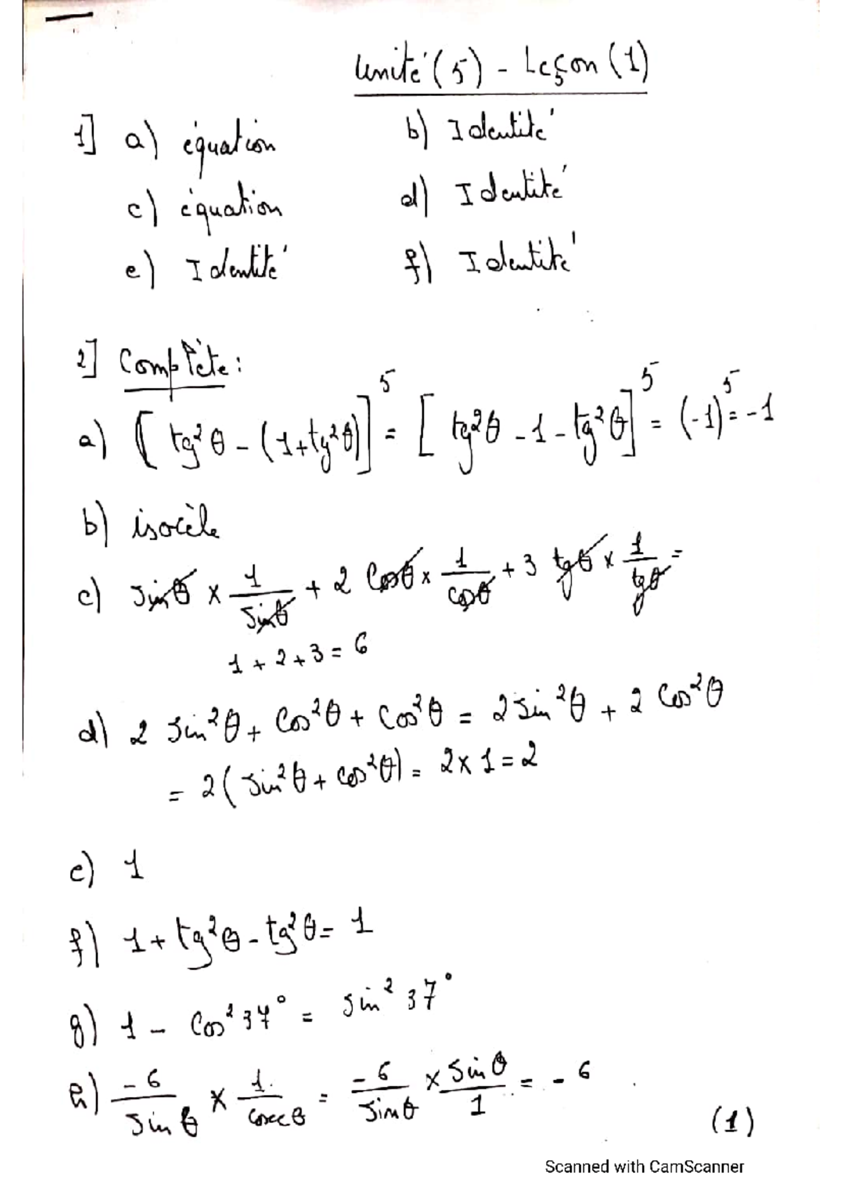 Unite 5 lecon 1 reponse 1 ere sec - Mathematics - Studocu