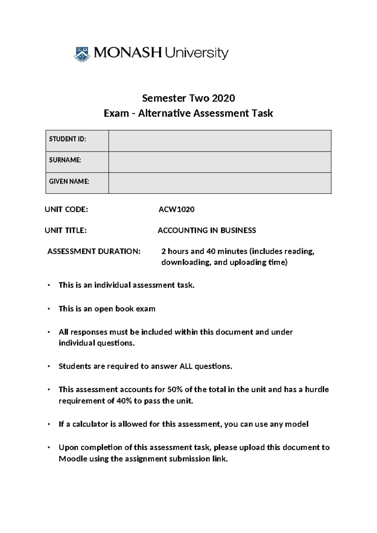 ACW Mock 1 - ACW mock 1 - Semester Two 2020 Exam - Alternative ...