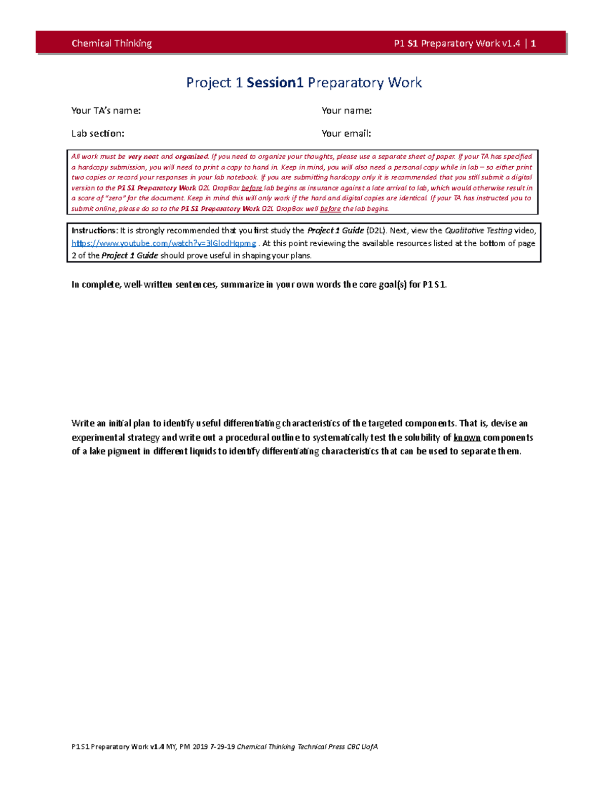 P1 S1 Preparatory Work - If you need to organize your thoughts, please ...
