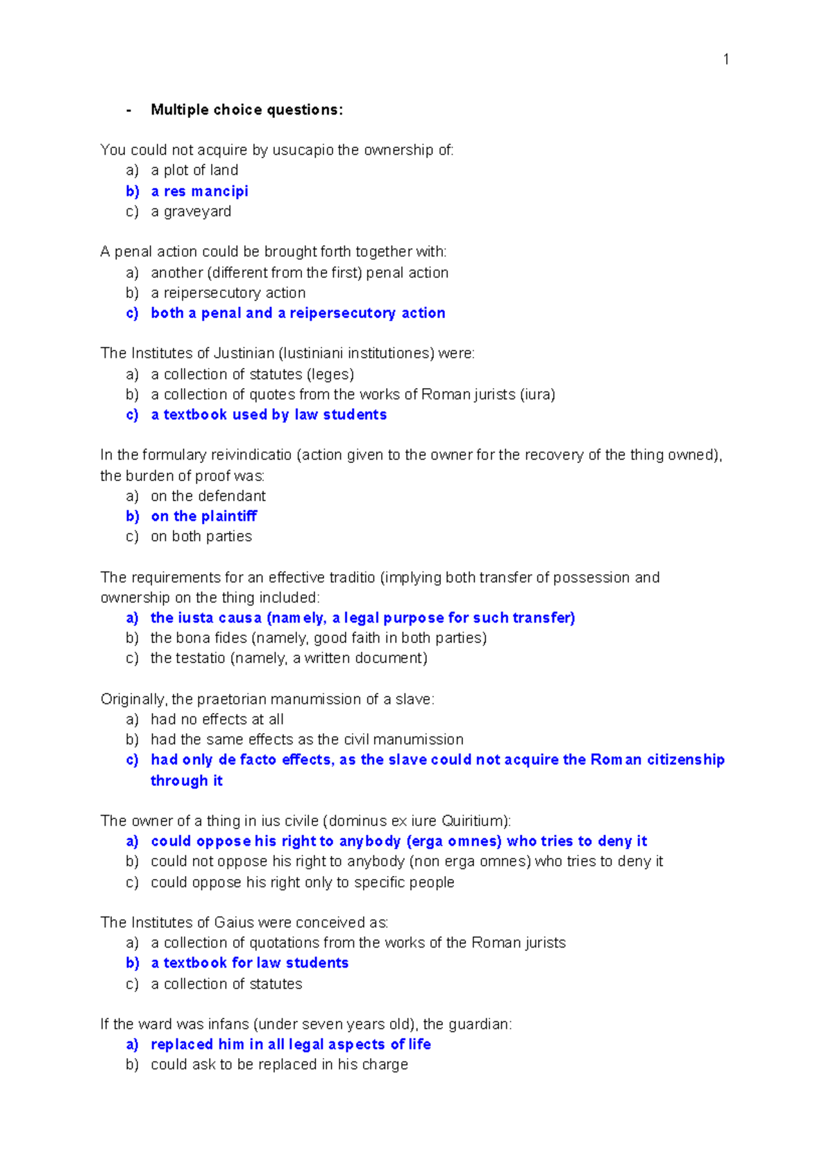Roman law questions and answers - Multiple choice questions: You could ...