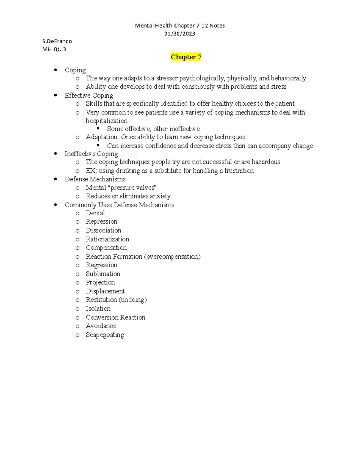Mental Health Notes chapter 7-12 - 01/30/ S MH Qt. 3 Chapter 7 Coping o ...