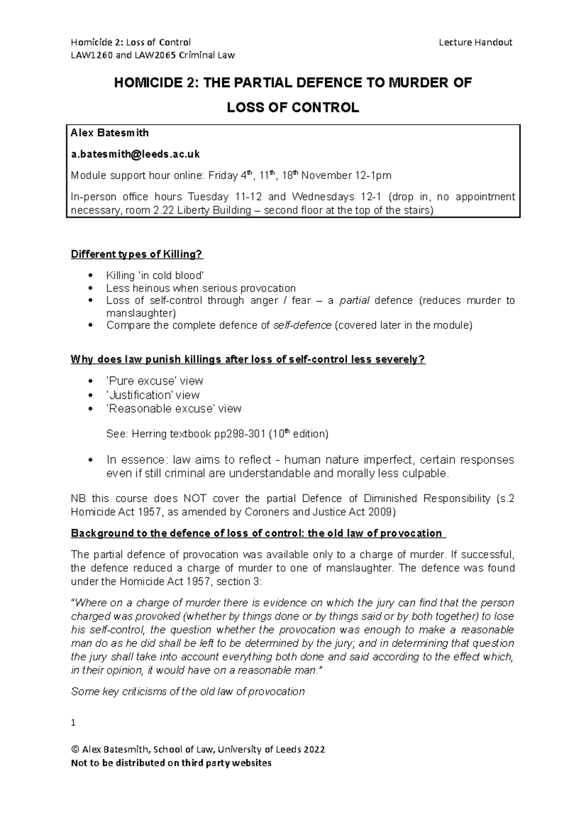 Homicide-2 Handout - Homicide 2 - LAW1260 and LAW2065 Criminal Law ...