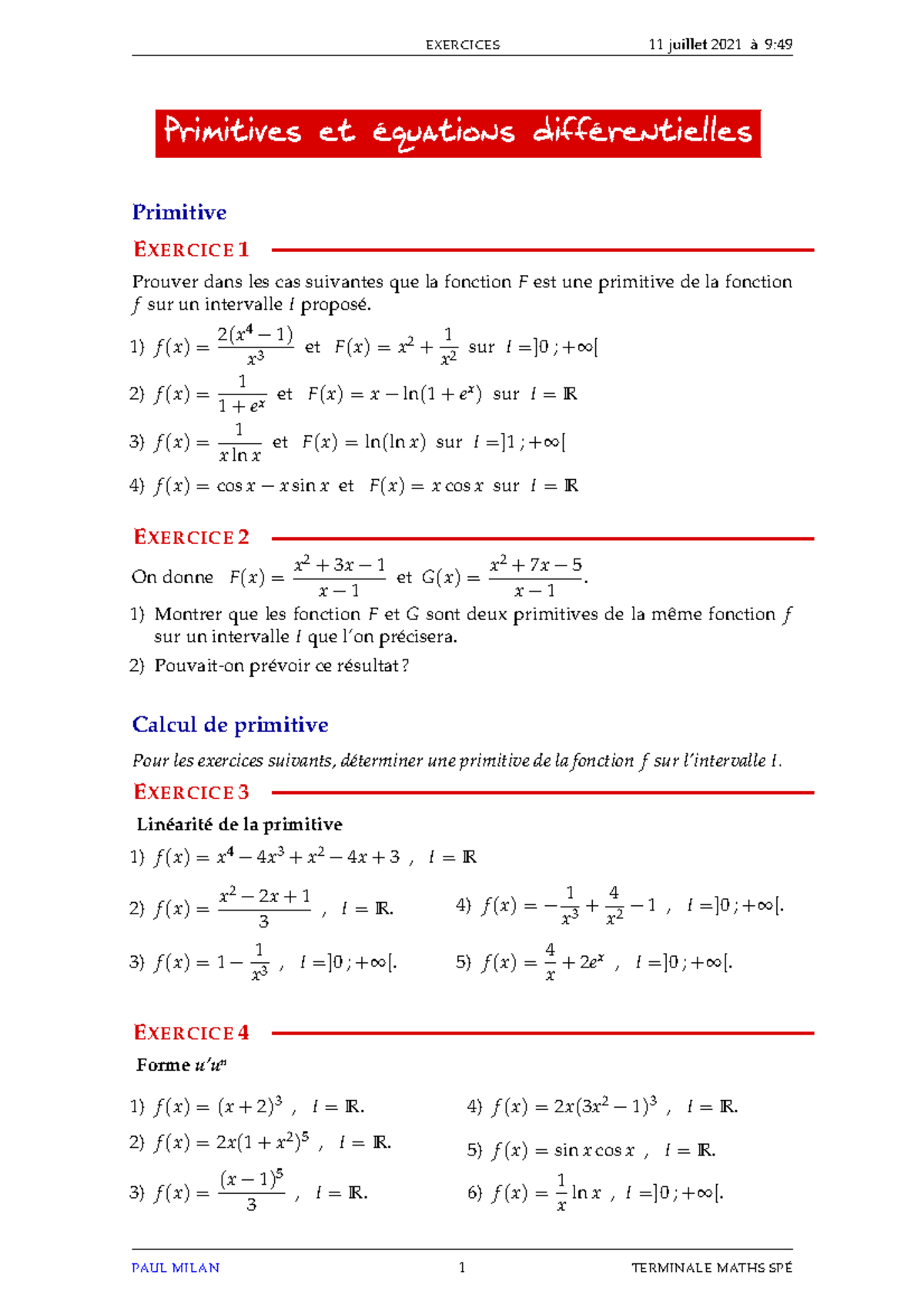 07 exos primitives eq diff - EXERCICES 11 juillet 2021 à 9: Primitives et équations ...