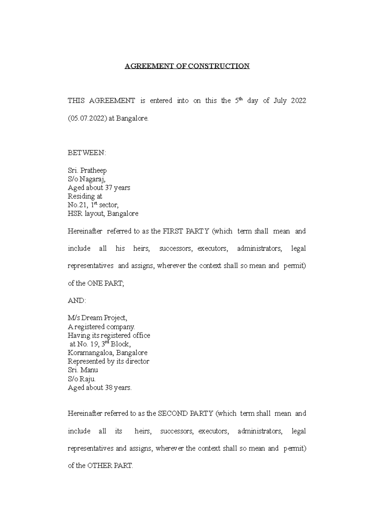 Construction - AGREEMENT OF CONSTRUCTION THIS AGREEMENT is entered into ...