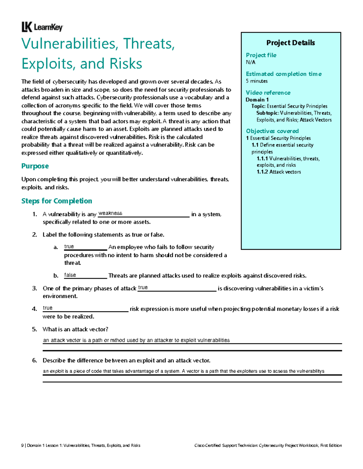 Worksheet 2 - ooo - 9 | Domain 1 Lesson 1: Vulnerabilities, Threats, Exploits, and Risks Cisco ...