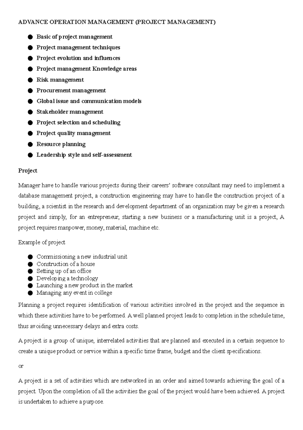 Complete Notes of Project Management-1 - ADVANCE OPERATION MANAGEMENT ...