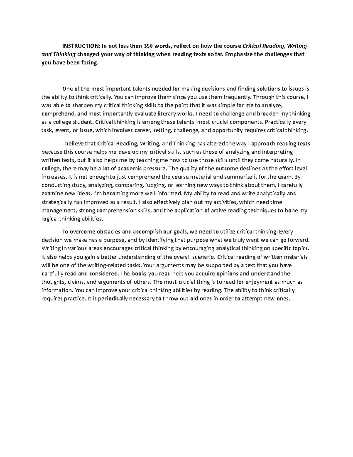 Assignment- Reflection - INSTRUCTION: In not less than 350 words ...