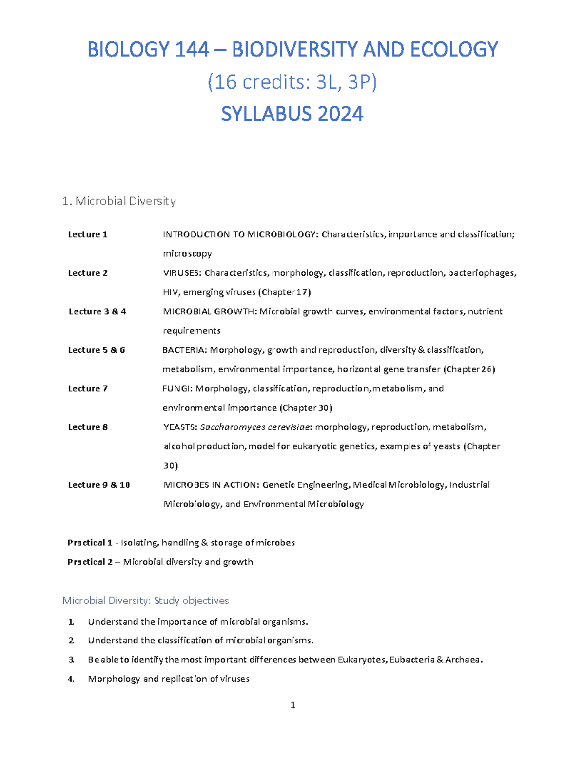 Bio 144 Syllabus 2024 - BIOLOGY 144 – BIODIVERSITY AND ECOLOGY (16 ...