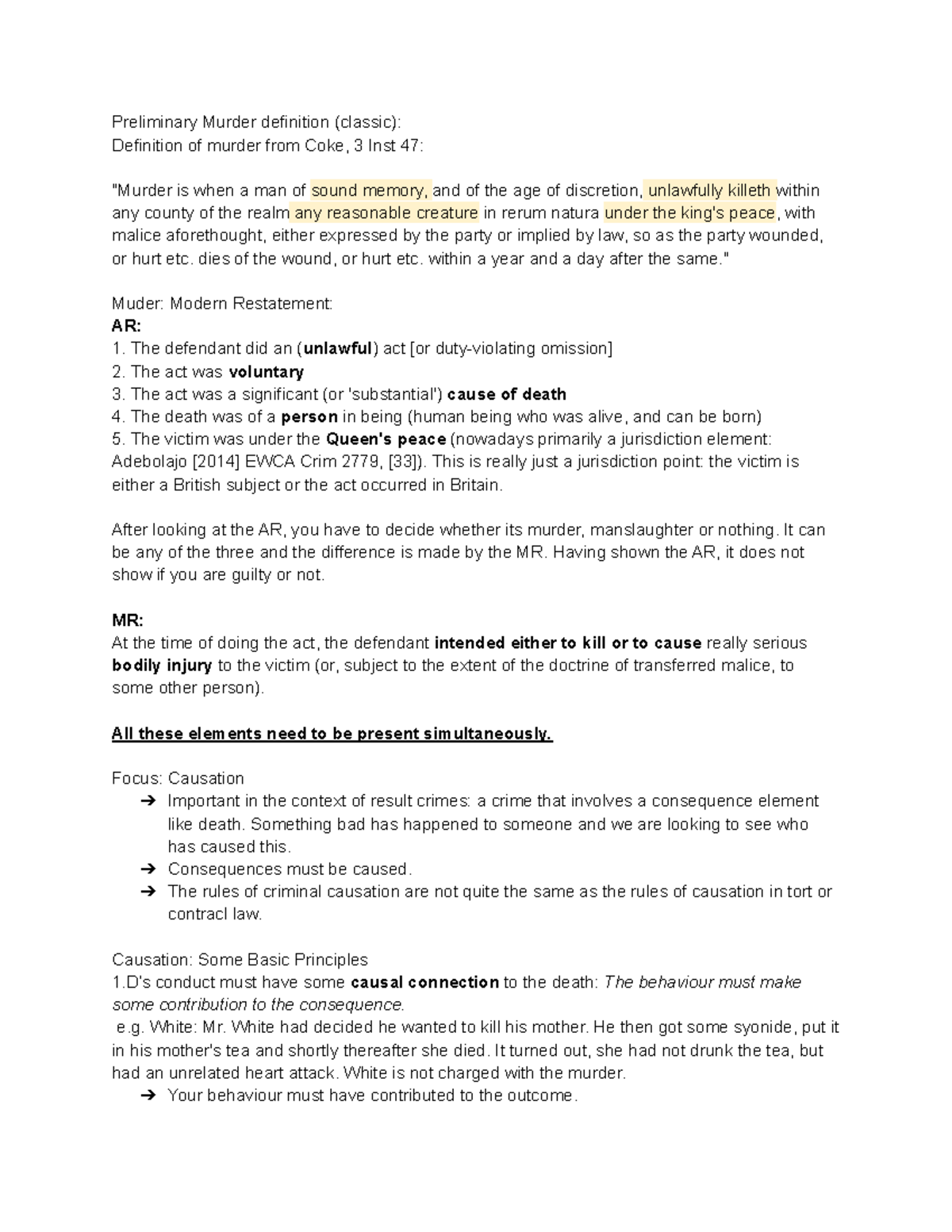 Criminal Law Lecture 2 - Preliminary Murder definition (classic ...