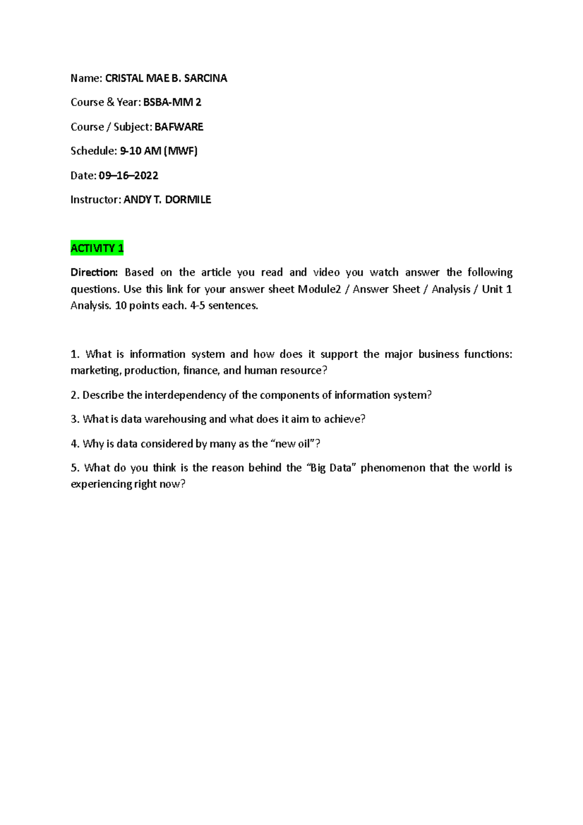 Bafware Activity 1 ( Sarcina, Cristal MAE B - Name: CRISTAL MAE B. SARCINA Course & Year: - Studocu