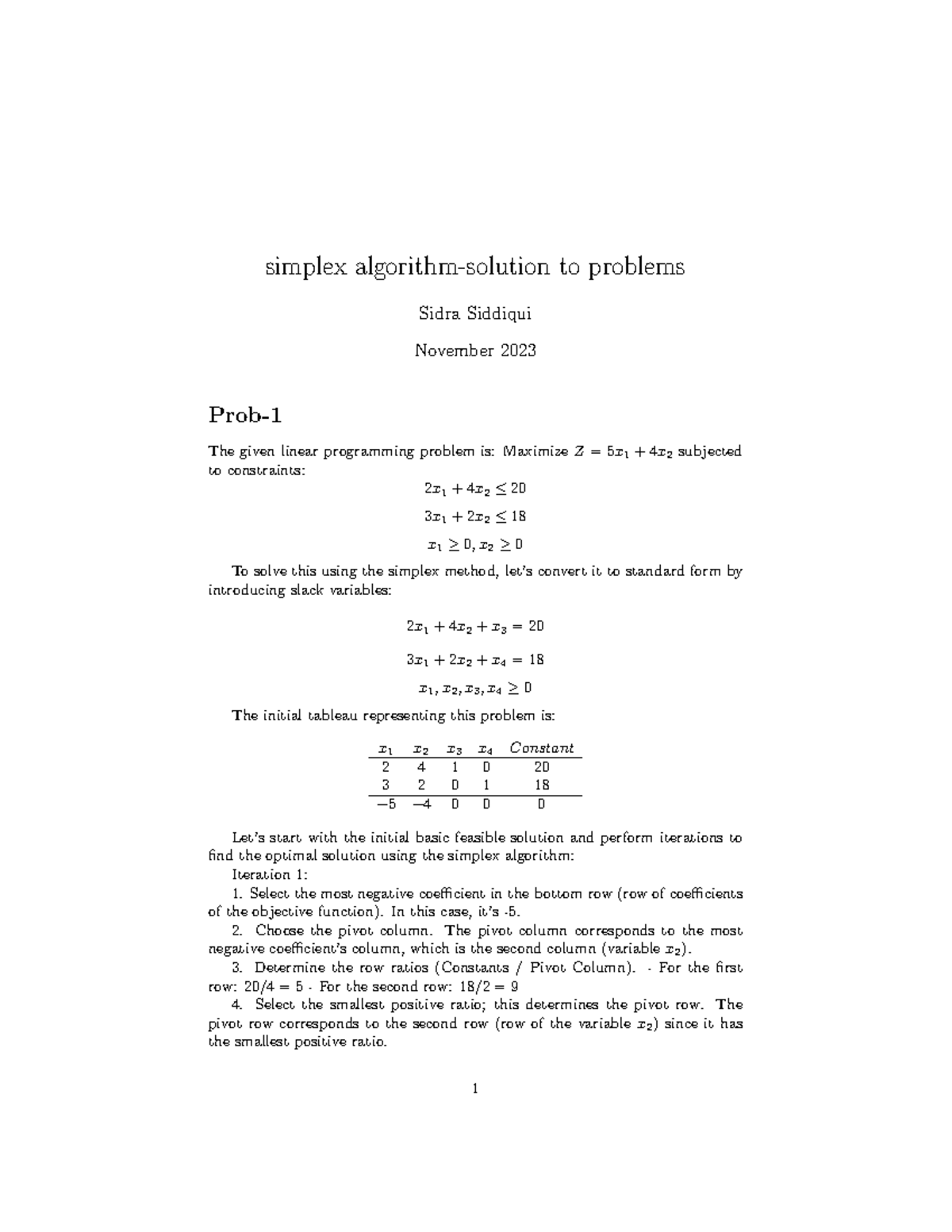 Simplex Algorithm Solution To Problems Simplex Algorithm Solution To