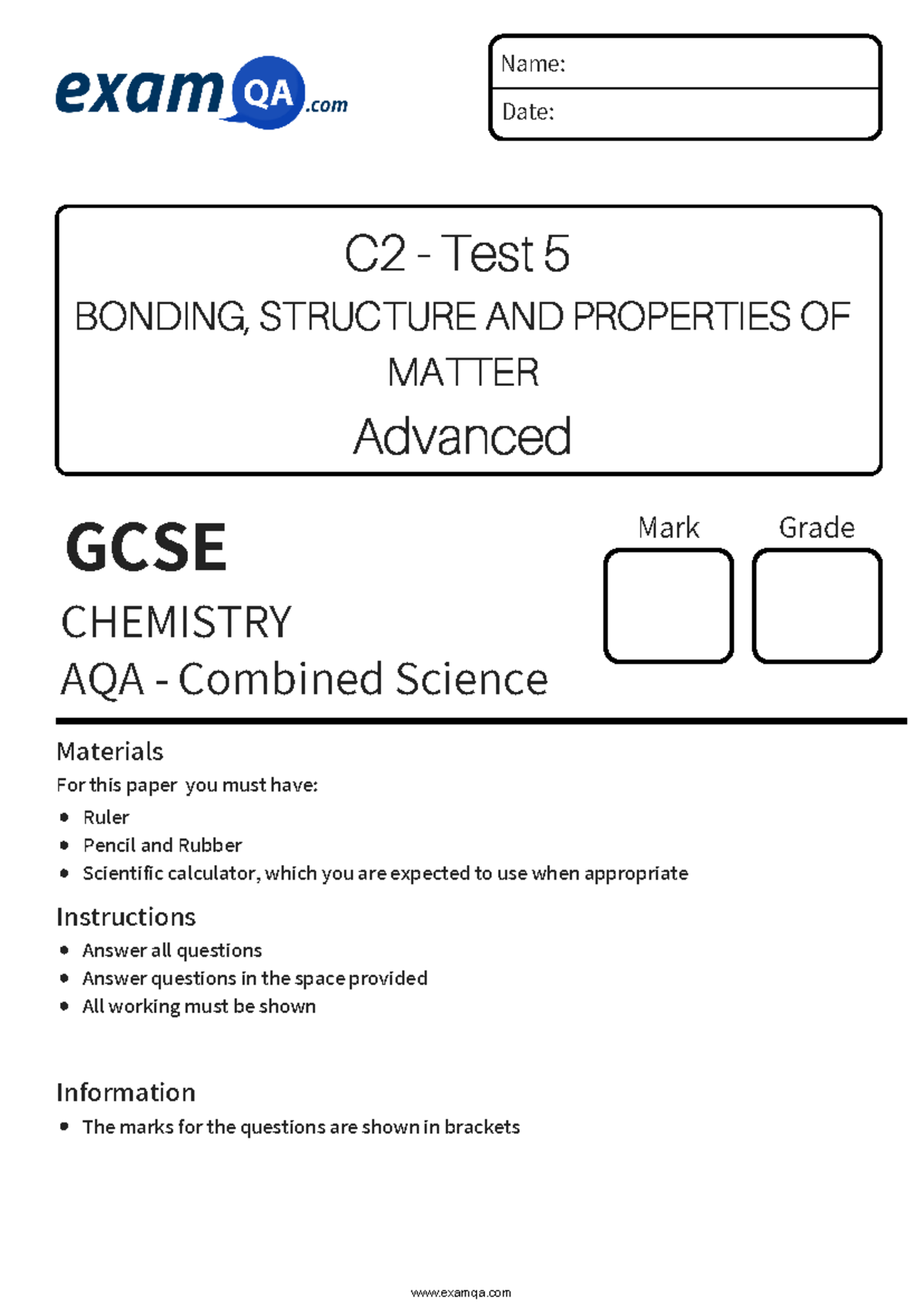 AQA GCSE Combined C2 Test 5 Advanced QP - GCSE AQA - Combined Science ...