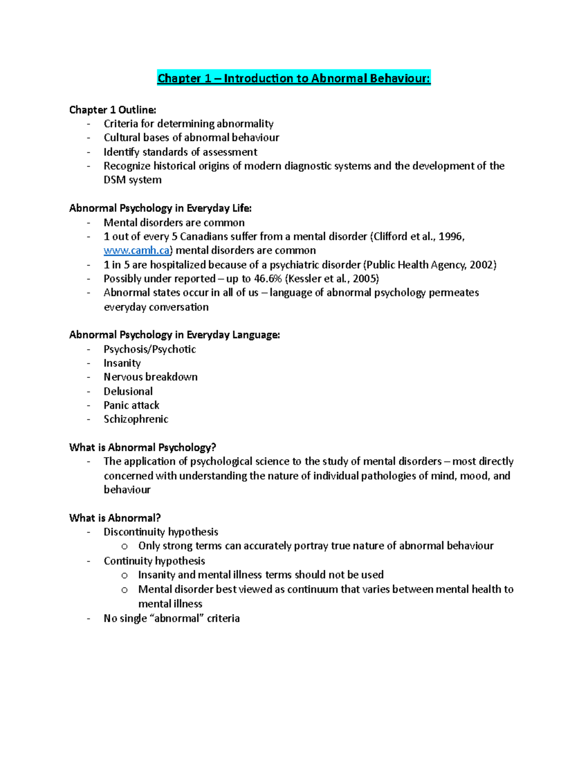 Lecture 2 Notes Chapter 1 Introduction To Abnormal Behaviour Chapter 1 Outline