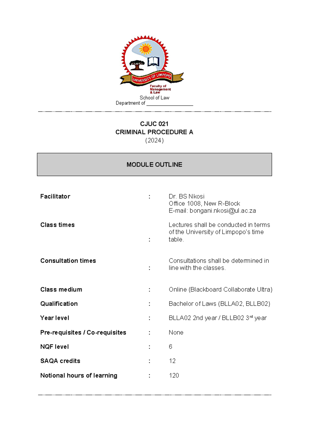 2024 Modular Outline PROF SEM Tladi - School of Law Department of ...